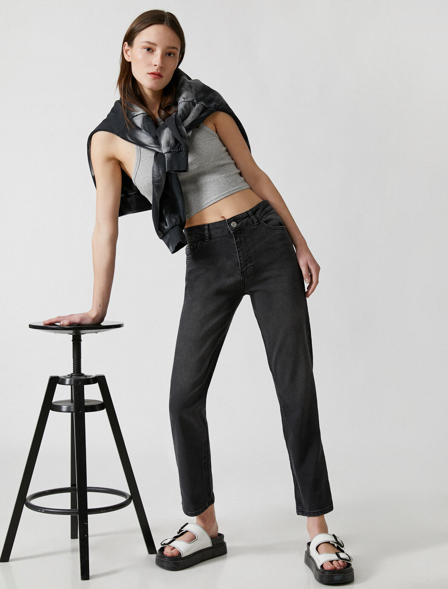 Gri Kadın Eve Slim Jean - Yüksek Bel Normal Kesim Hafif Düz Paça ...