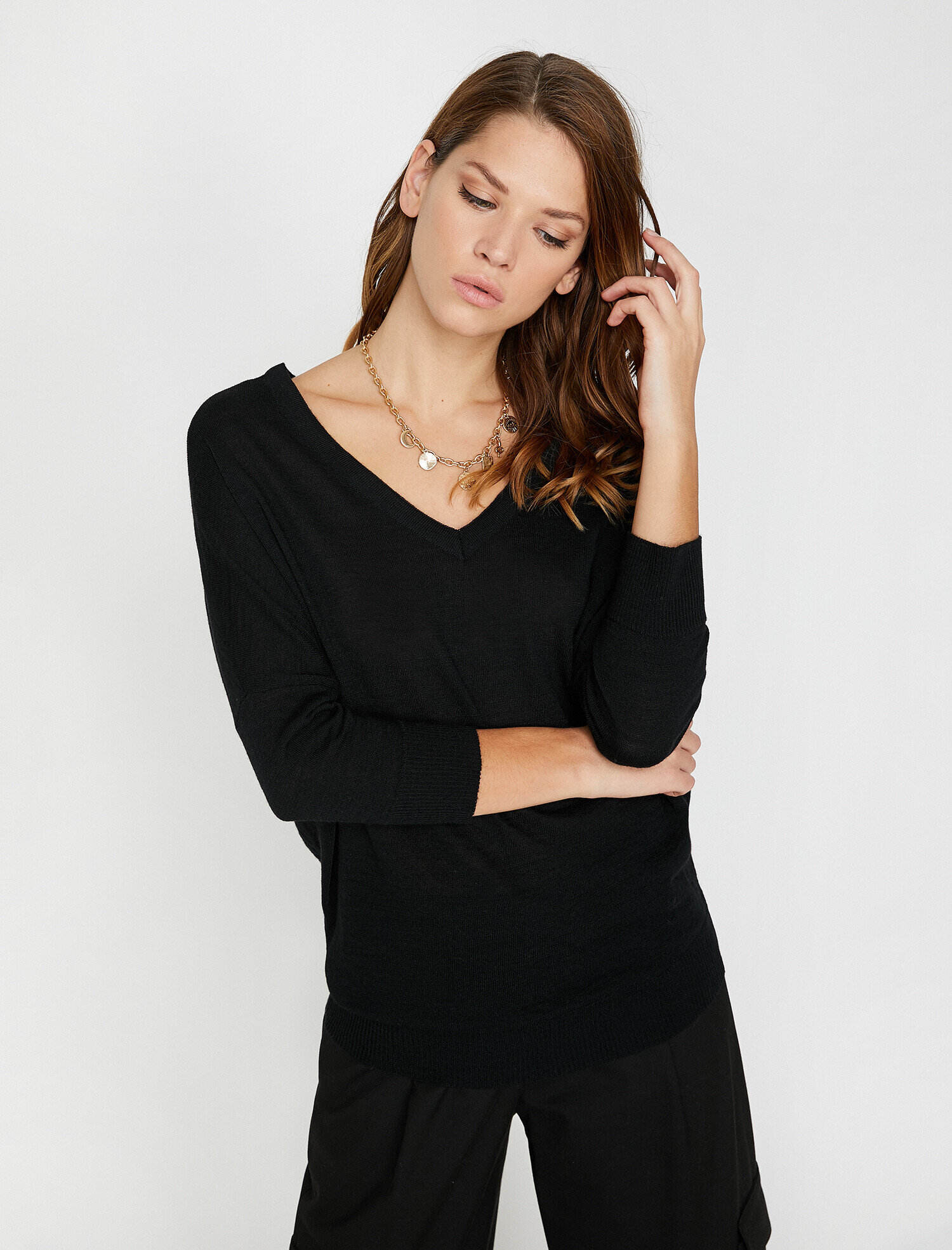Siyah Kadın Triko Kazak V Yaka Uzun Kol 0KAK92999HT | Koton