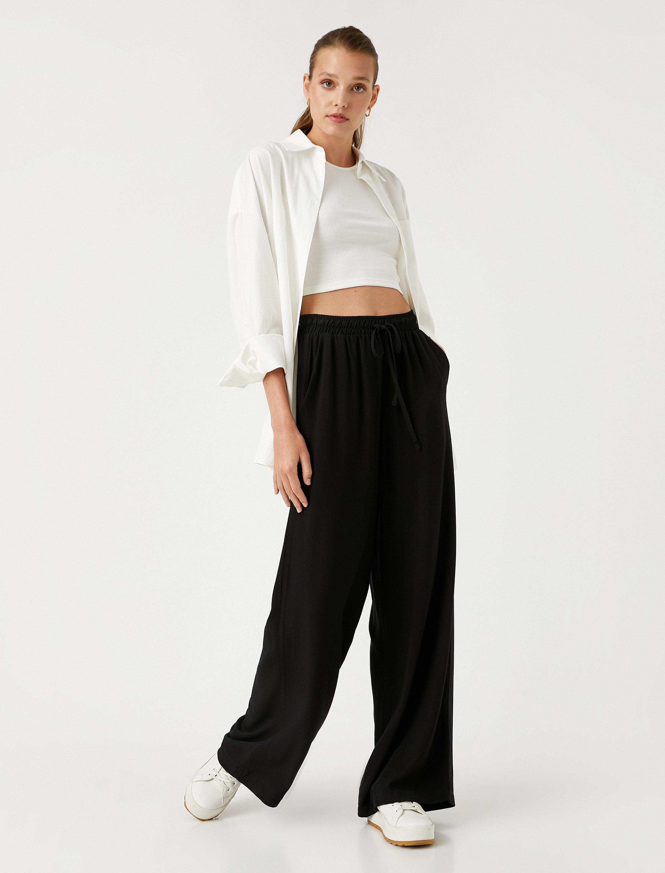 Siyah Kadın Bol Paça Pantolon Beli Bağlamalı 3WAK40008CW | Koton