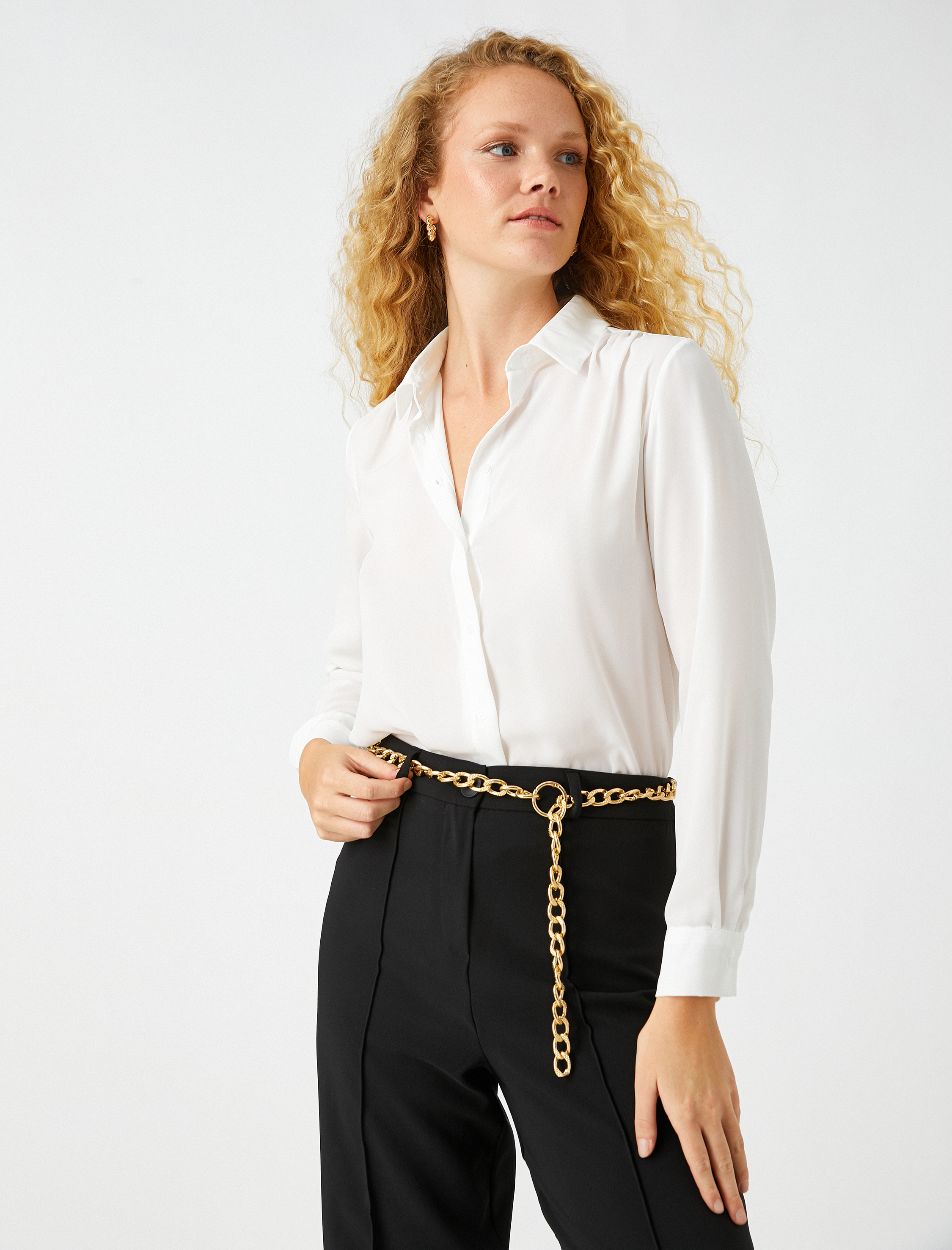 Ekru Kadın Basic Gömlek Uzun Kollu 3WAK60026UW | Koton