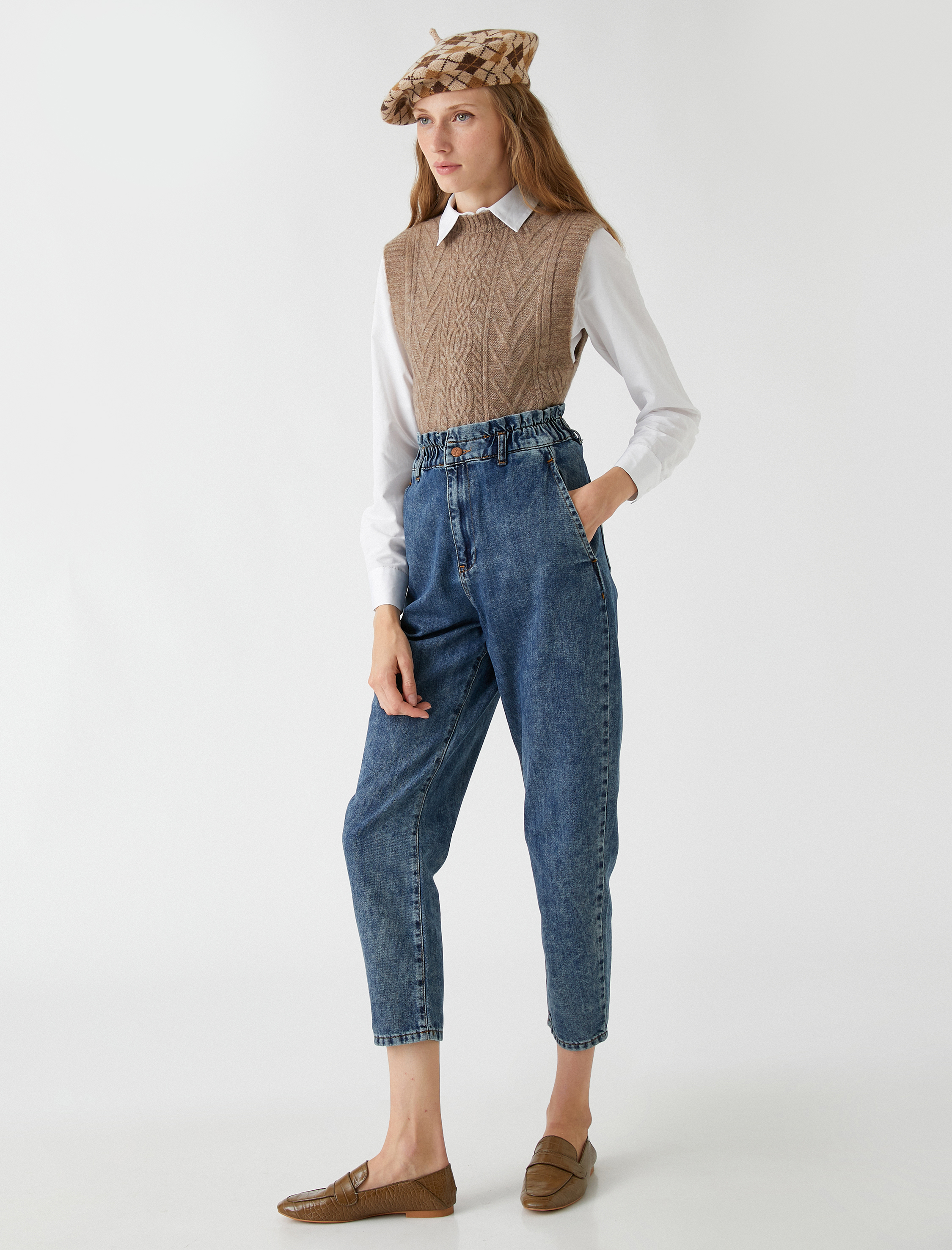 Lacivert Kadın Beli Lastikli Kot Pantolon - Baggy Jean 3WAL40078MD | Koton