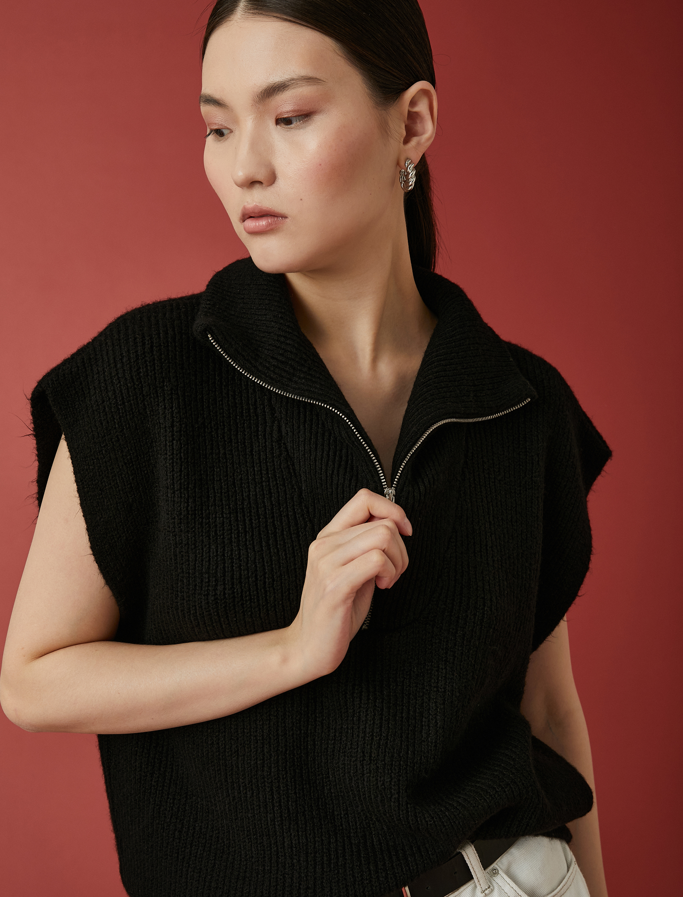 Siyah Kadın Crop Süveter Dik Yaka 3WAK20008HT | Koton