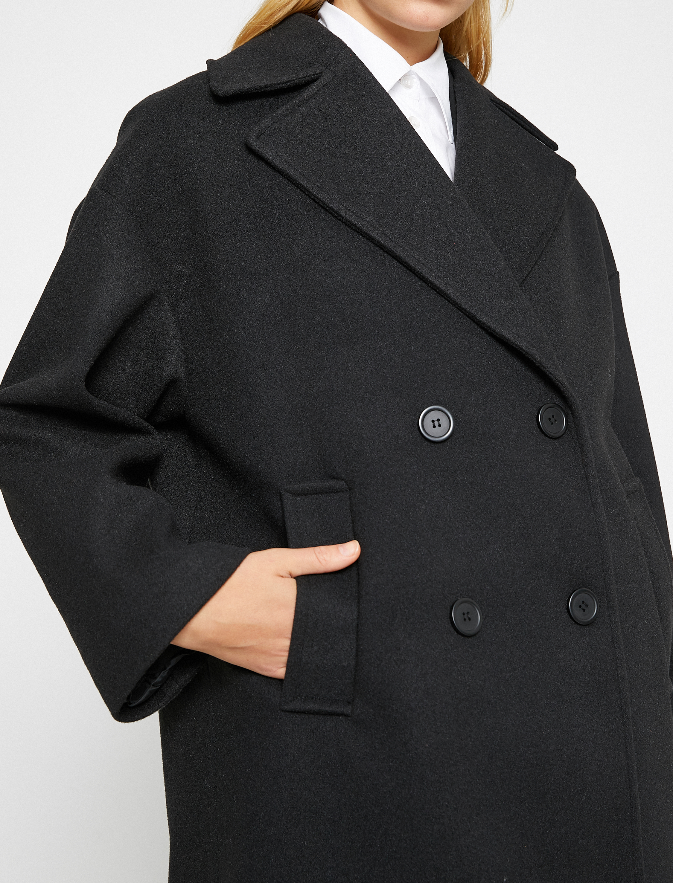 Siyah Kadın Kruvaze Uzun Kaşe Kaban 3WAK00153EW | Koton