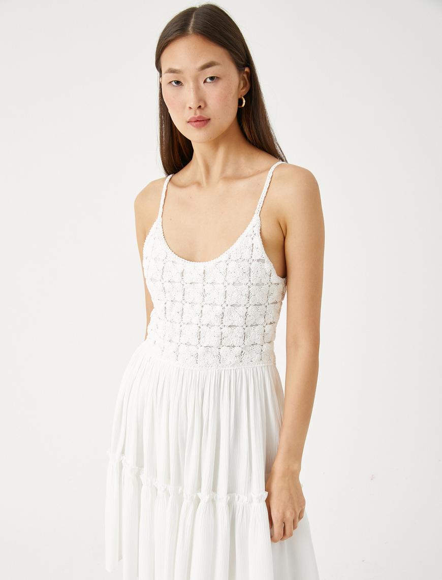 Ekru Kadın Mini Elbise Kroşe Detaylı Askılı U Yaka 2SAK80259PW | Koton