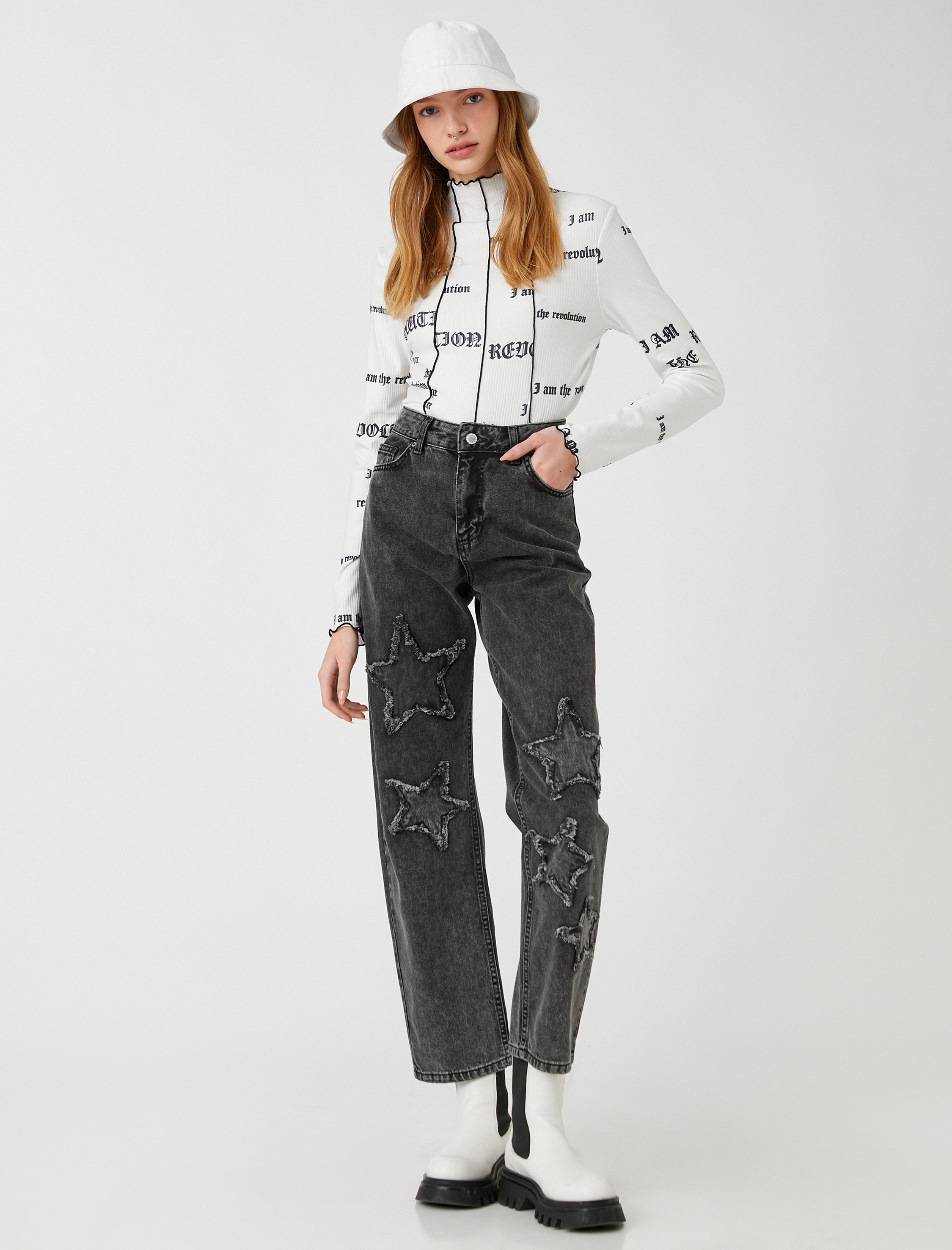 Siyah Kadın Yüksek Bel Kot Pantolon Düz Paça Aplikeli Normal Kesim ...