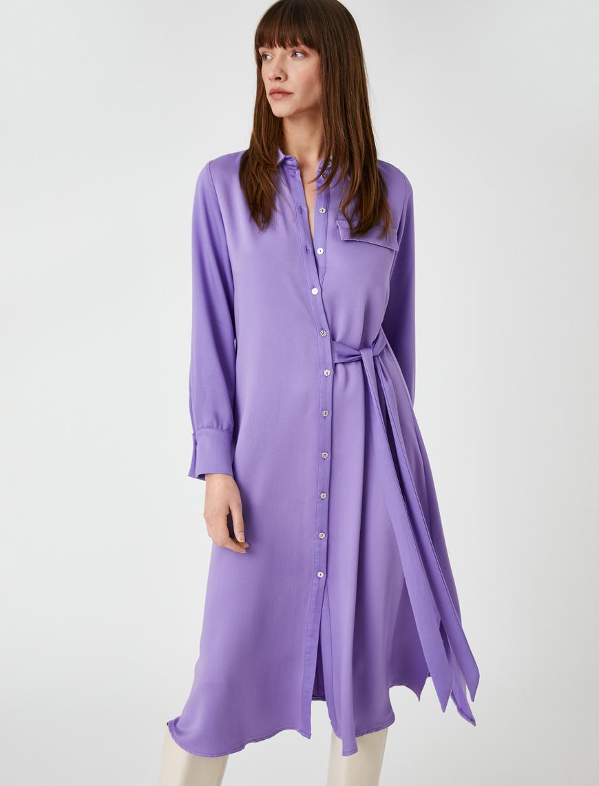 Mor Kadın Midi Boy Gömlek Elbise Cepli Kuşaklı 3WAK80062CW | Koton