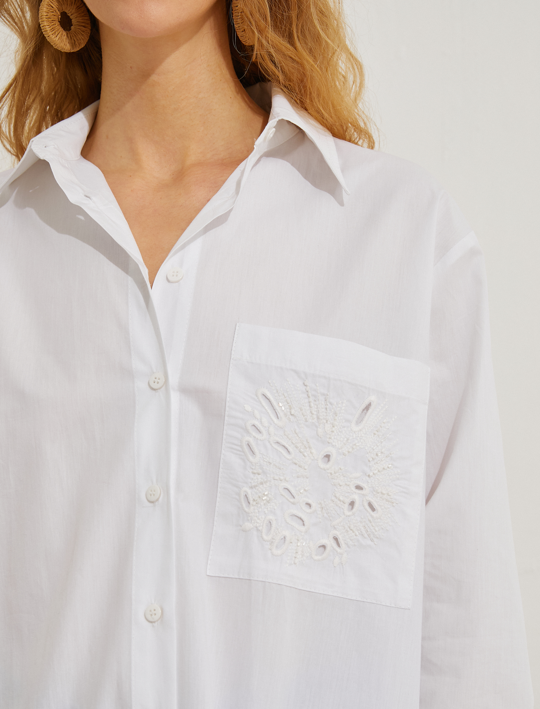 Ekru Kadın Oversize Gömlek Cepli Nakış Detaylı 3SAK60094EW | Koton
