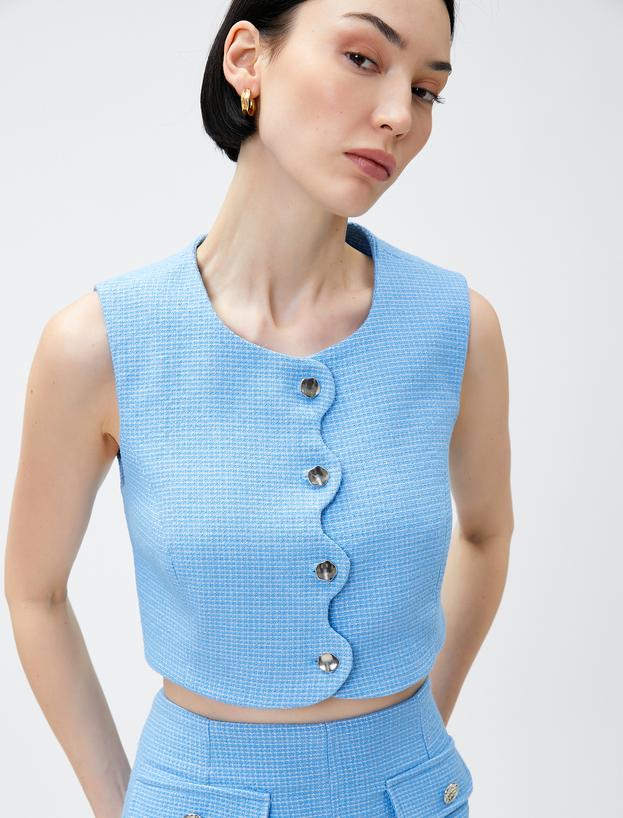 Mavi Kadın Crop Tüvit Yelek Düğmeli Asimetrik Detaylı 3SAK20003PW | Koton