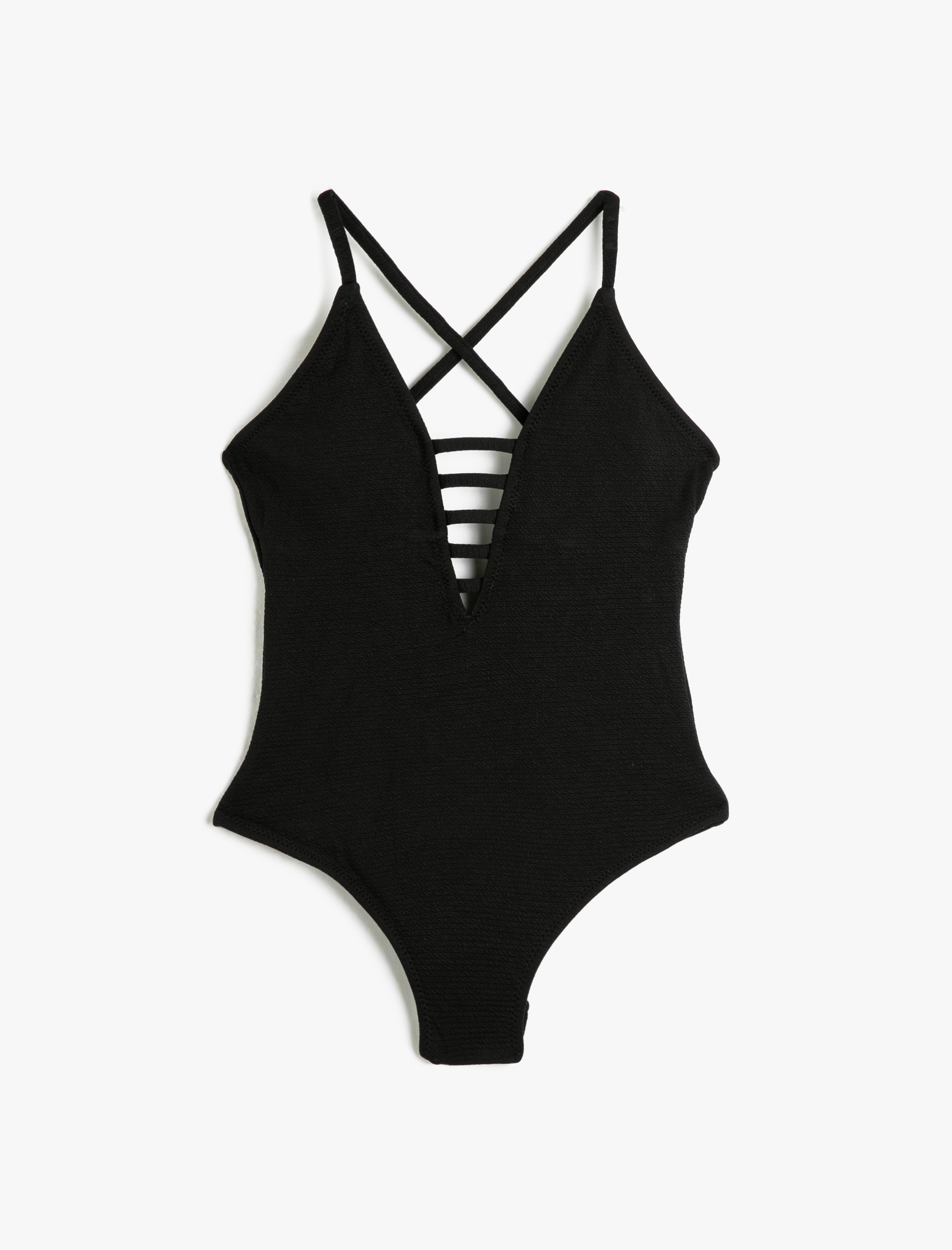 Siyah Kadın Dokulu Mayo Derin V Yaka İnce Askılı Biye Detaylı ...