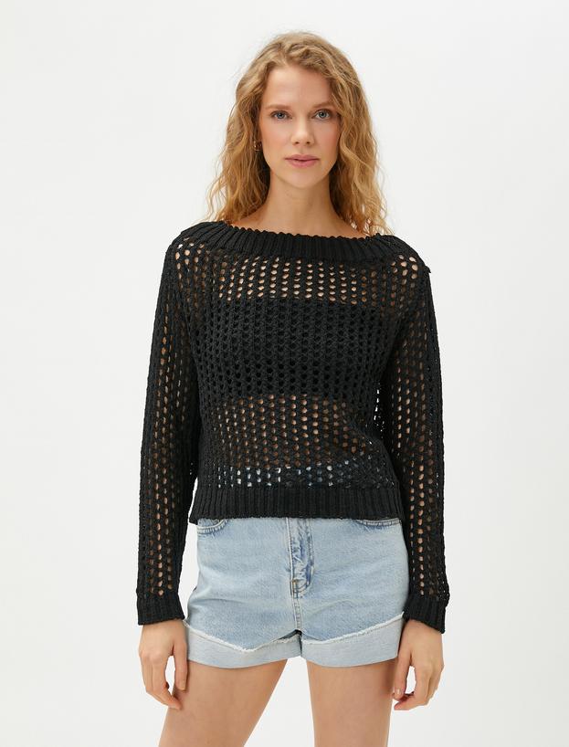 Siyah Kadın Crop File Kazak Kayık Yaka 3SAK90013HT | Koton