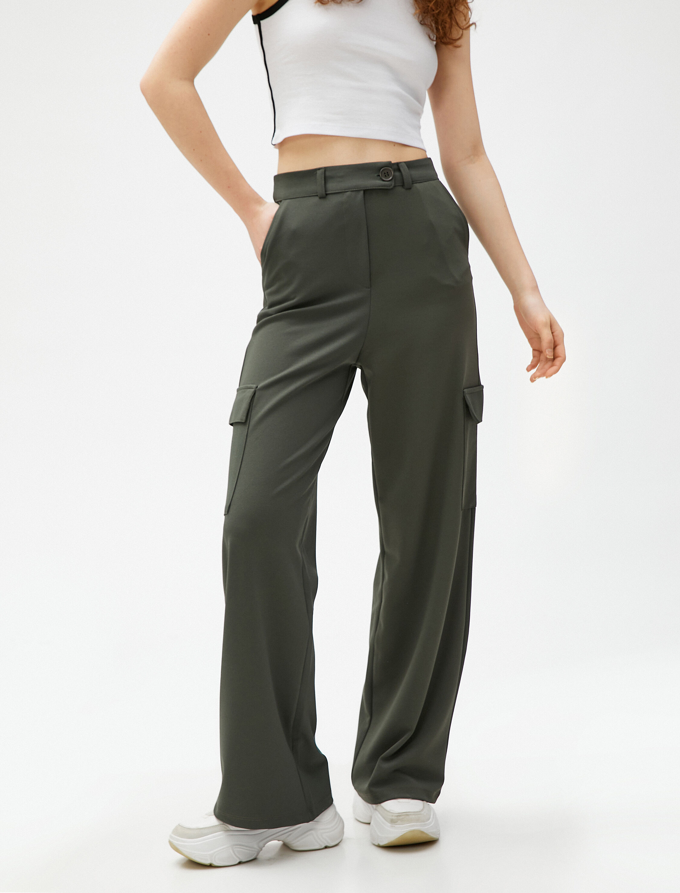 Yeşil Kargo Pantolon Yüksek Bel Cep Detaylı 3WAL40160IK | Koton