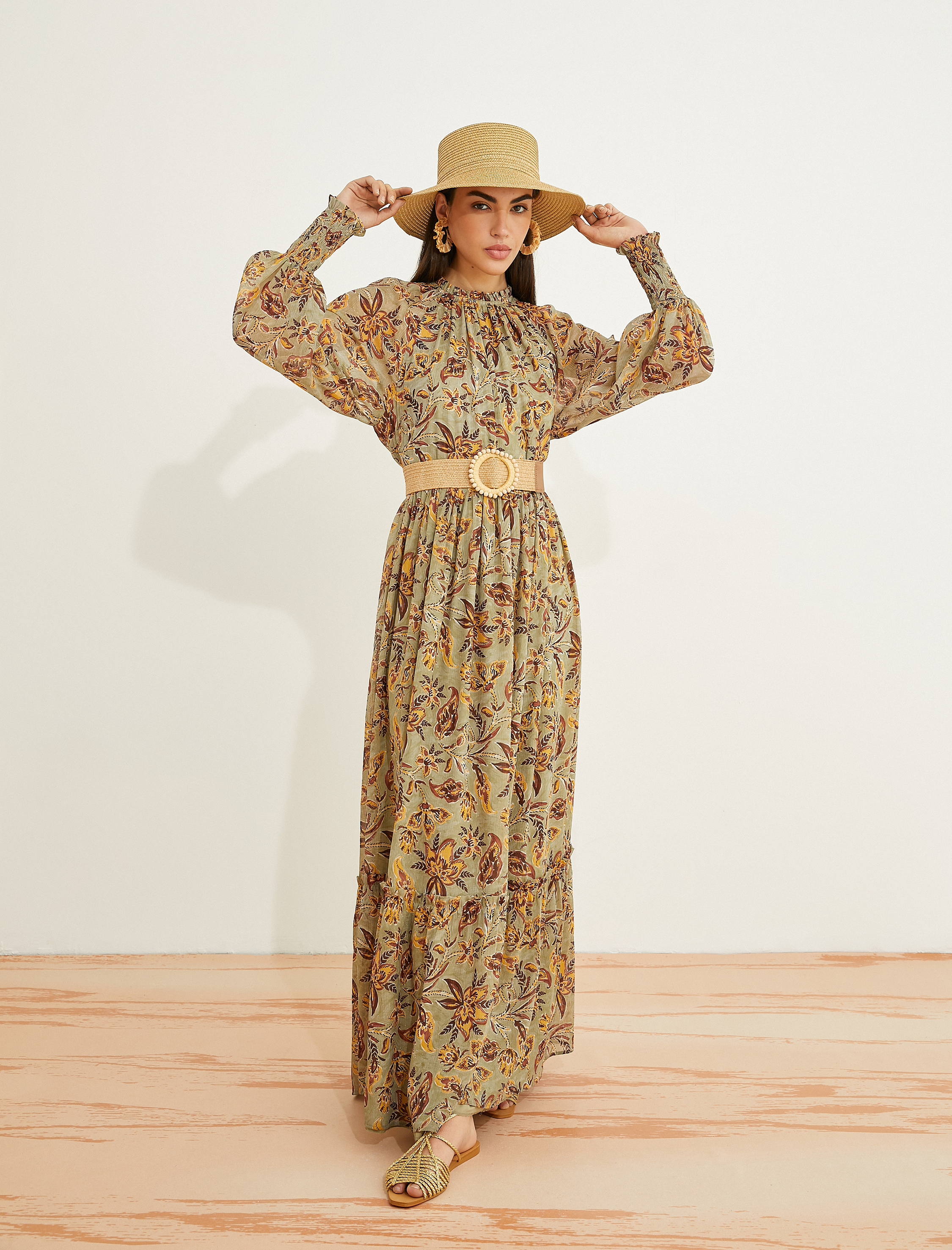 Kahve Kadın Uzun Çiçekli Elbise Uzun Kollu 3SAK80049CW | Koton