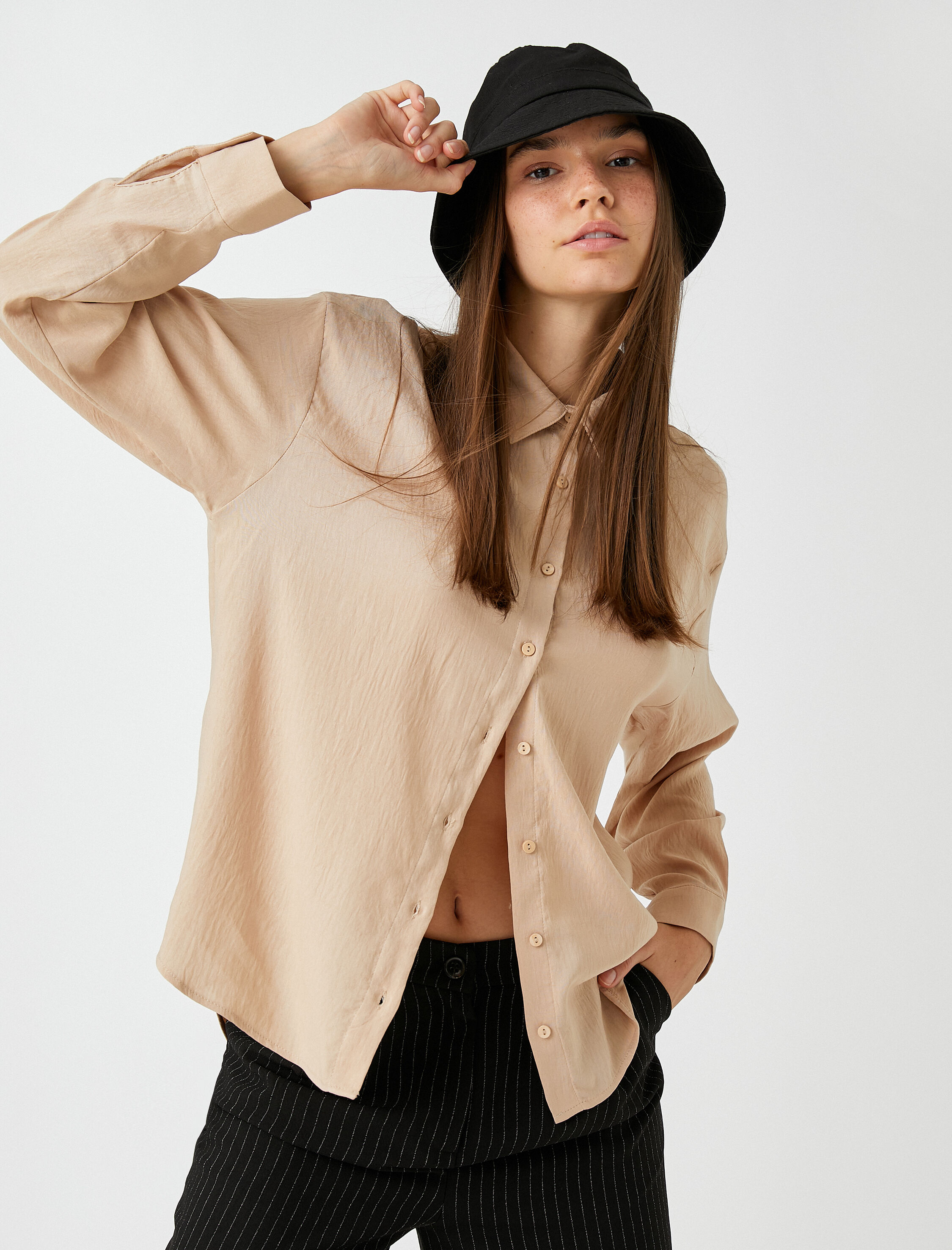 Ekru Oversize Gömlek Uzun Kollu 3WAL60107IW | Koton