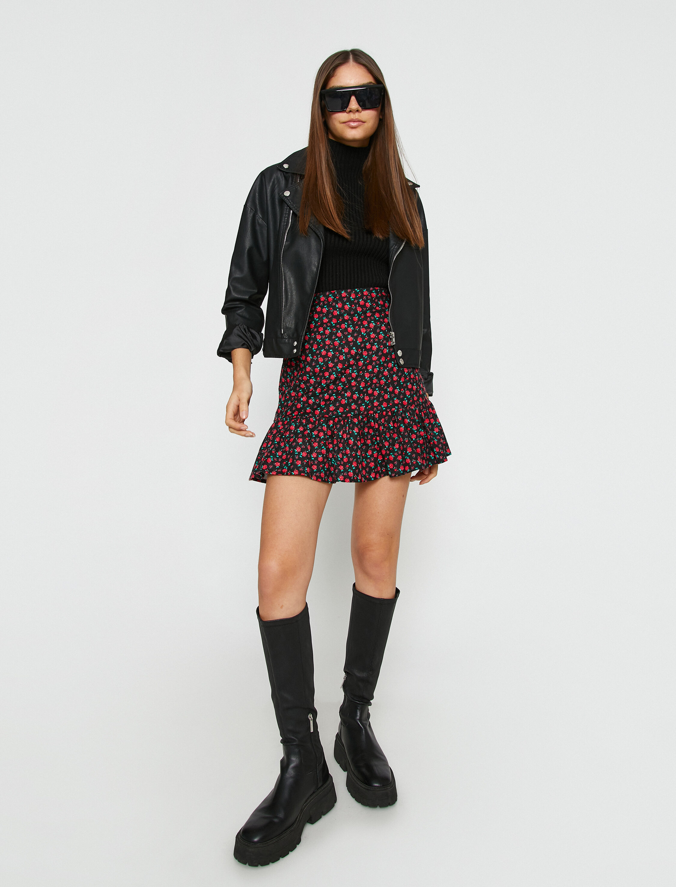 Siyah Çiçekli Mini Etek Fırfırlı 3WAL70042IW | Koton