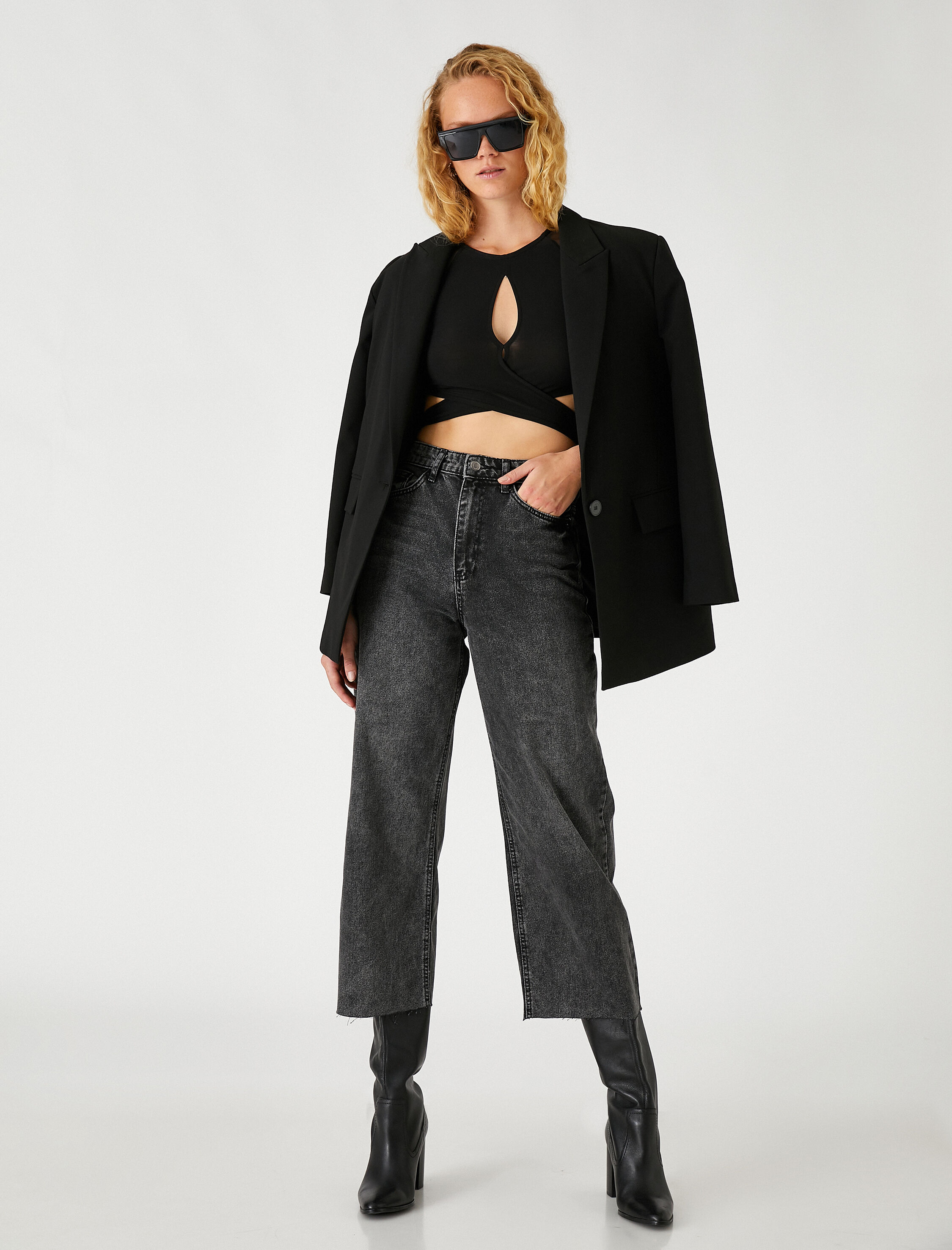 Siyah Kadın Kot Pantolon Geniş Paça Yüksek Bel Rahat Kesim - Bianca ...