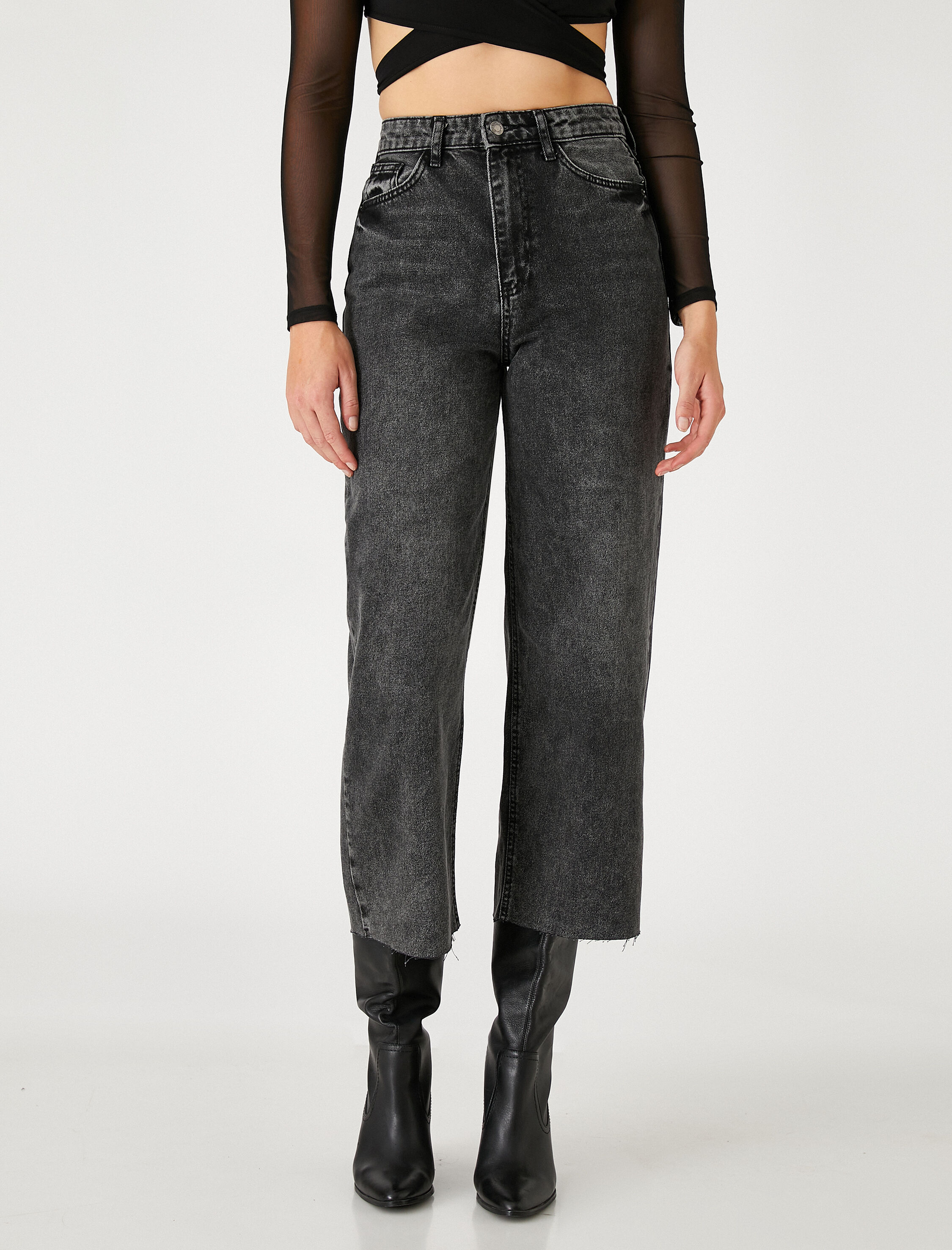 Siyah Kadın Kot Pantolon Geniş Paça Yüksek Bel Rahat Kesim - Bianca ...