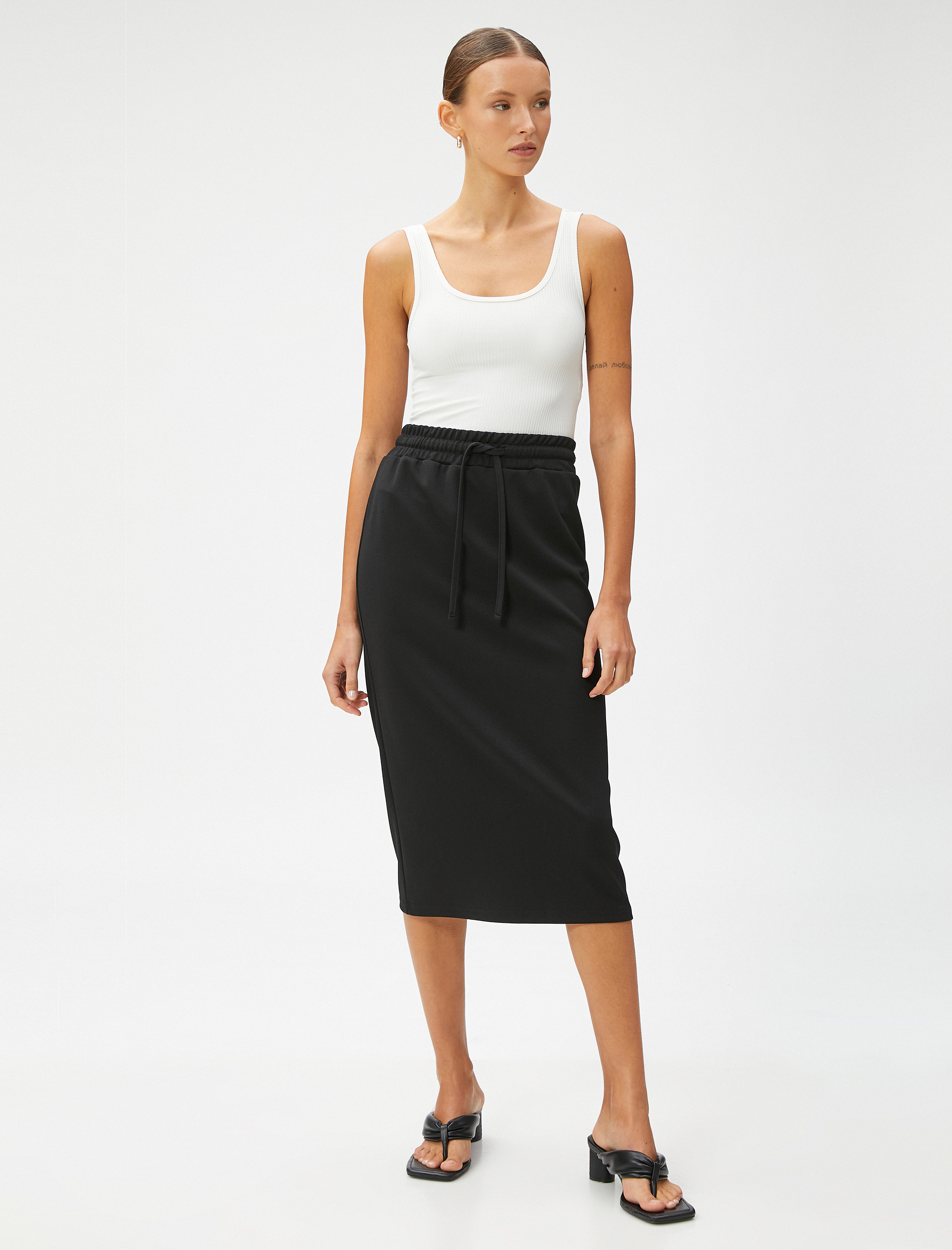 Siyah Kadın Beli Bağlamalı Etek Midi Boy 3SAK10072EK | Koton