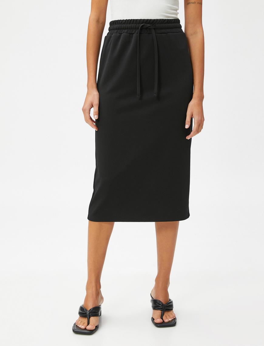 Siyah Kadın Beli Bağlamalı Etek Midi Boy 3SAK10072EK | Koton