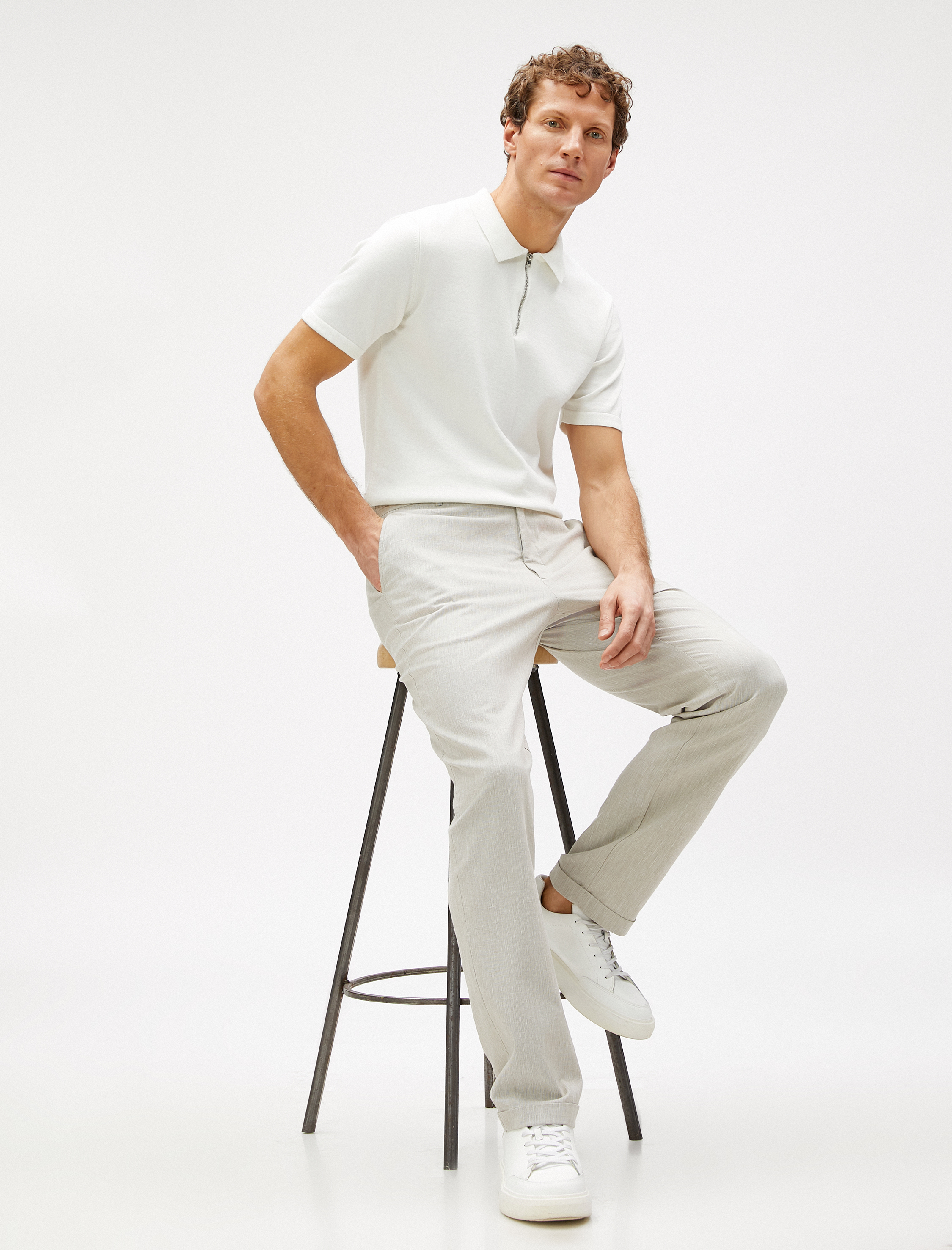 Ekru Erkek Basic Dokuma Pantolon Beli Bağcıklı Cep Detaylı 3SAM40377HW | Koton