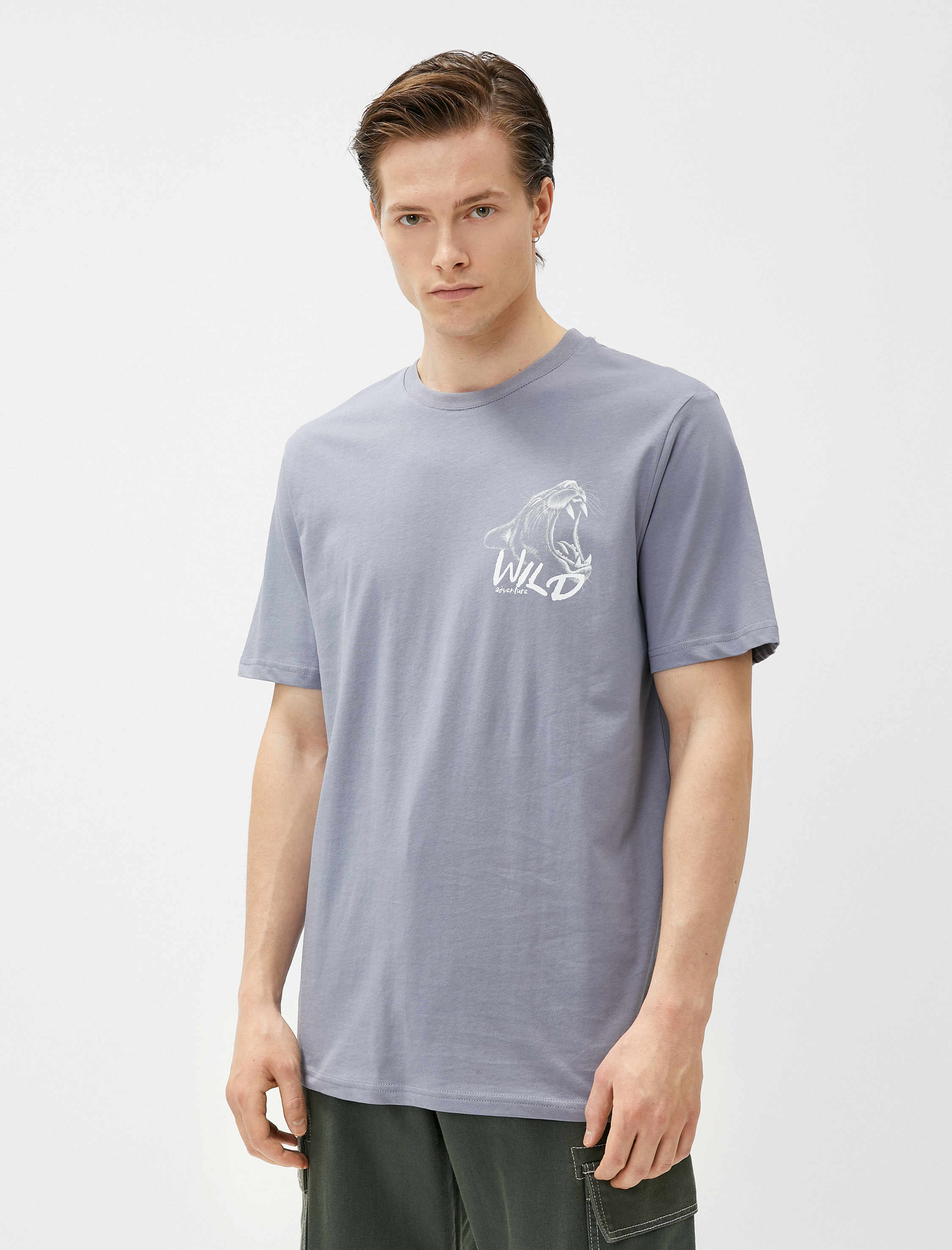 Gri Erkek Tişört Pamuklu Kaplan Baskı Detaylı Kısa Kollu Bisiklet Yaka ...