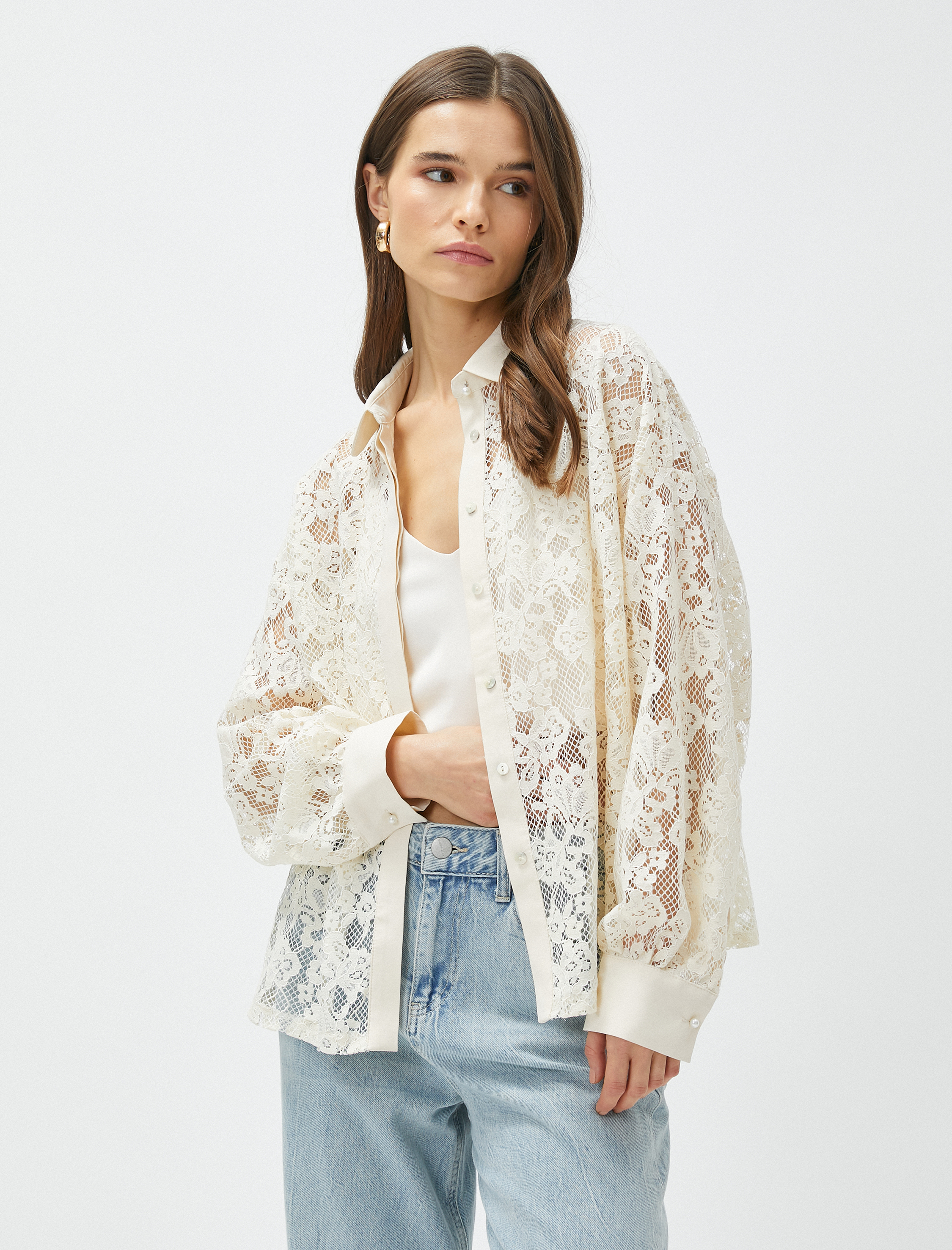 Ekru Kadın Dantel Gömlek Uzun Kollu Gizli Düğmeli 3SAK60369UW | Koton