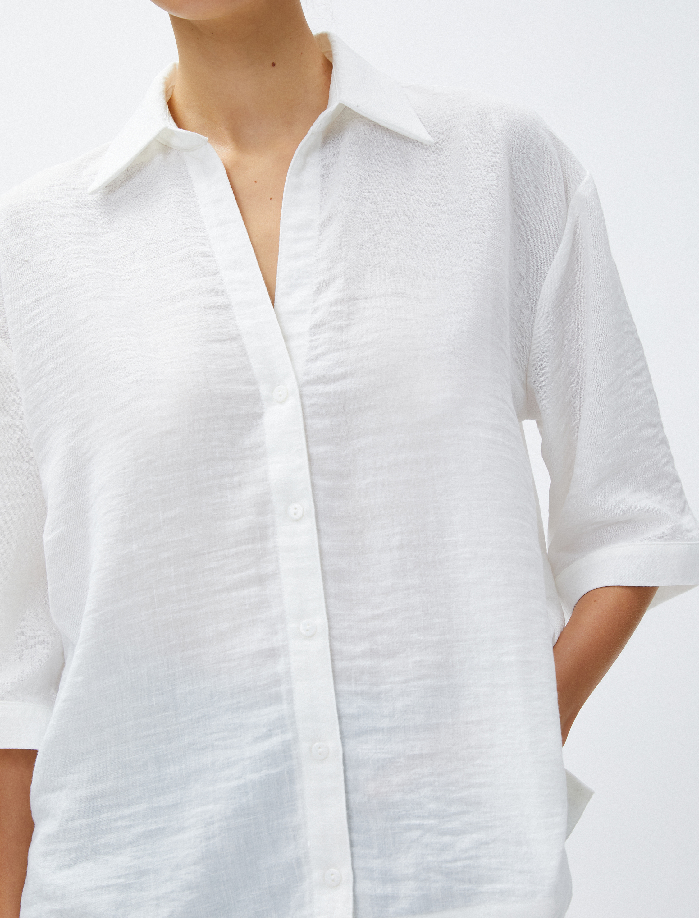 Ekru Kadın Oversize Gömlek Kısa Kollu 3SAK60117PW | Koton
