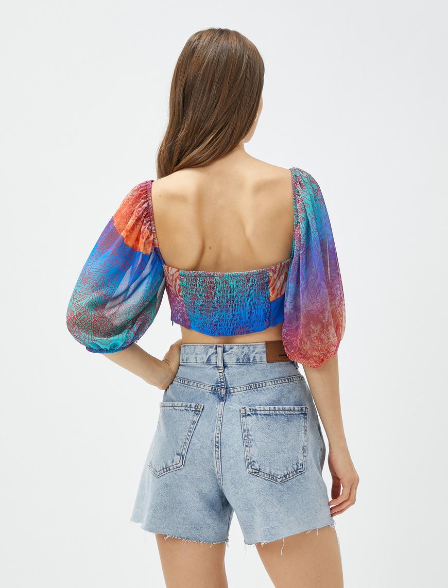 Mavi Kadın Crop Bluz Etnik Görünümlü Balon Kol 3SAK30084EW | Koton