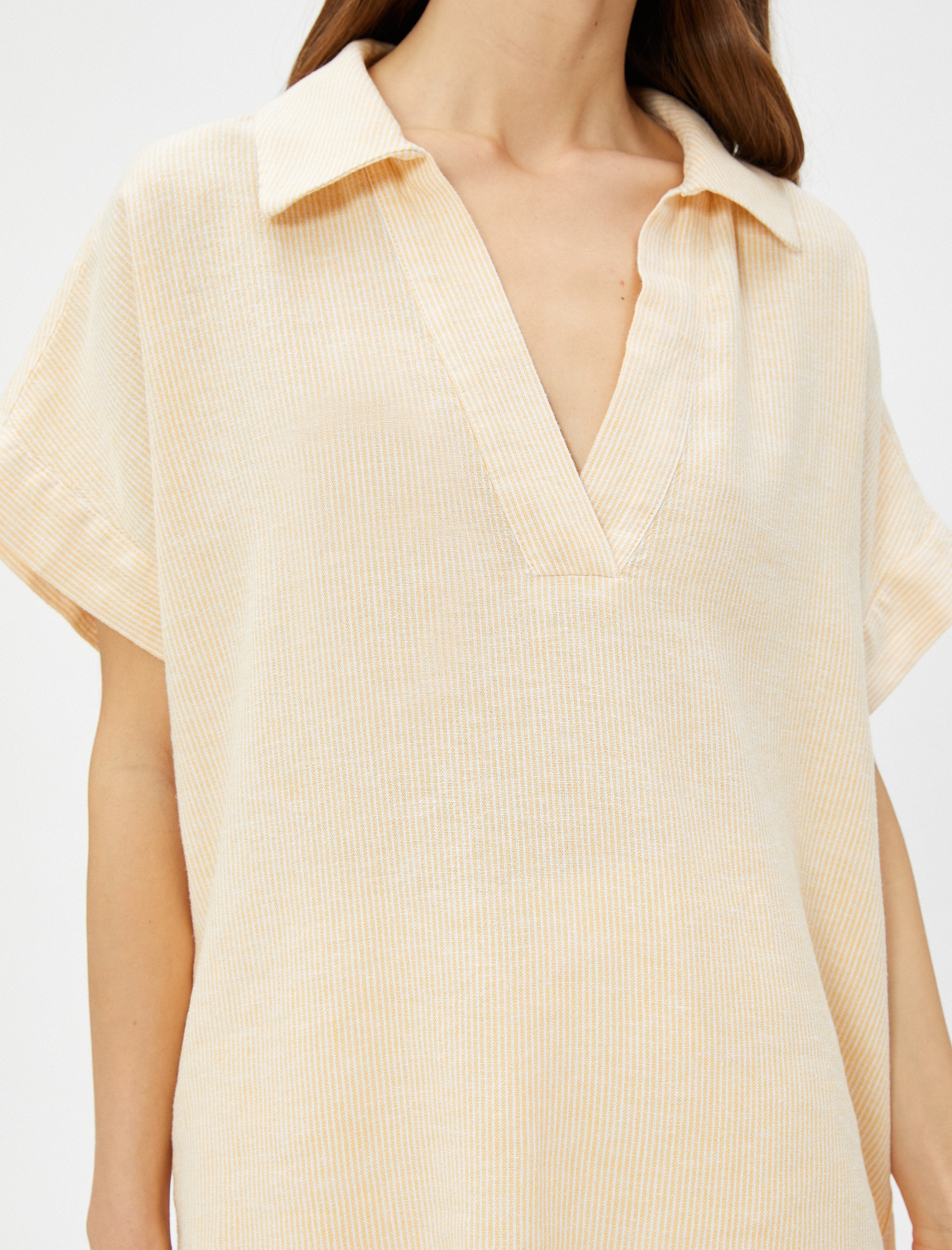 Sarı Kadın Oversize Çizgili Bluz Keten Karışımlı Gömlek Yaka ...