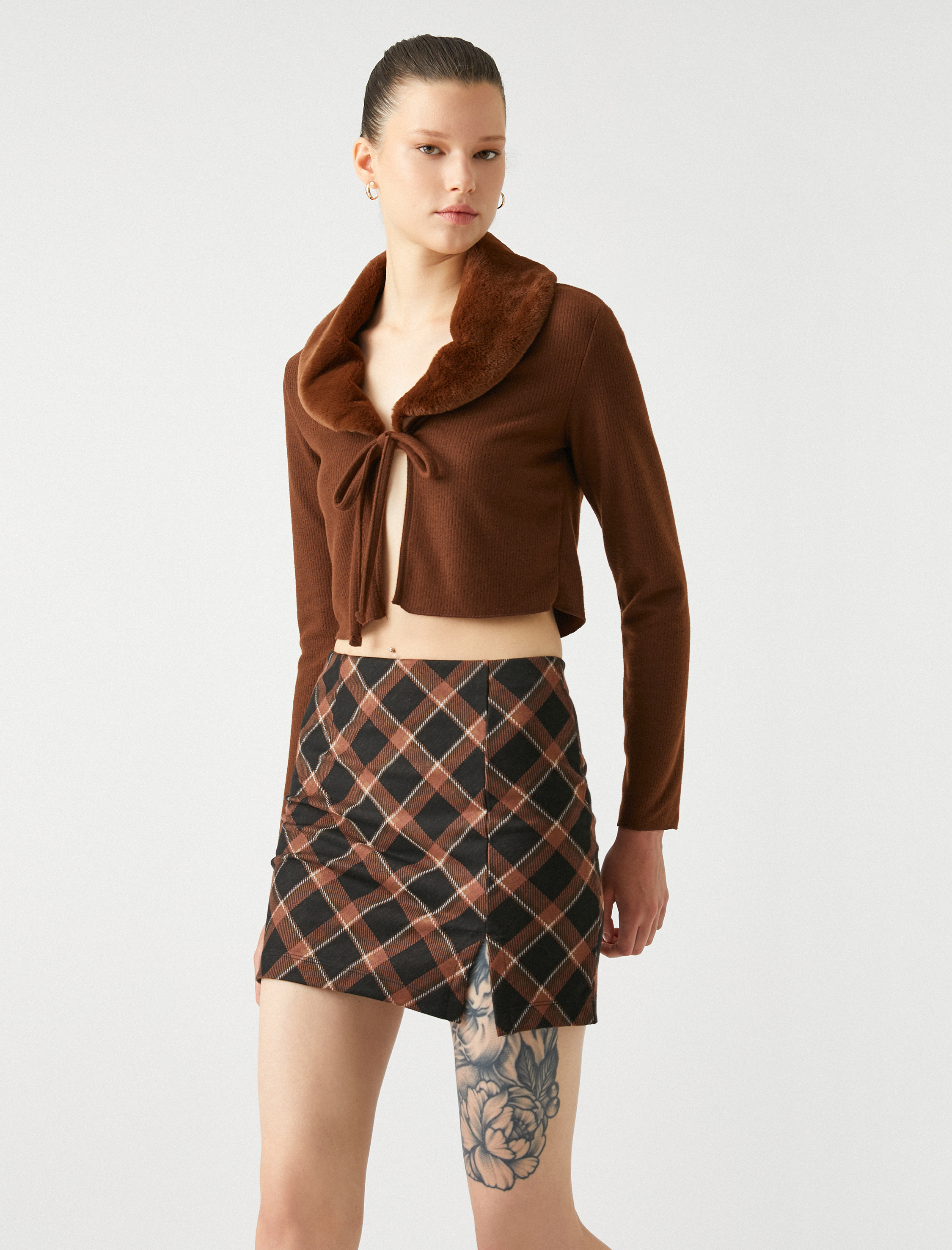 Kahve Mini Kalem Etek Yırtmaç Detaylı Ekoseli 3WAL70059IK | Koton