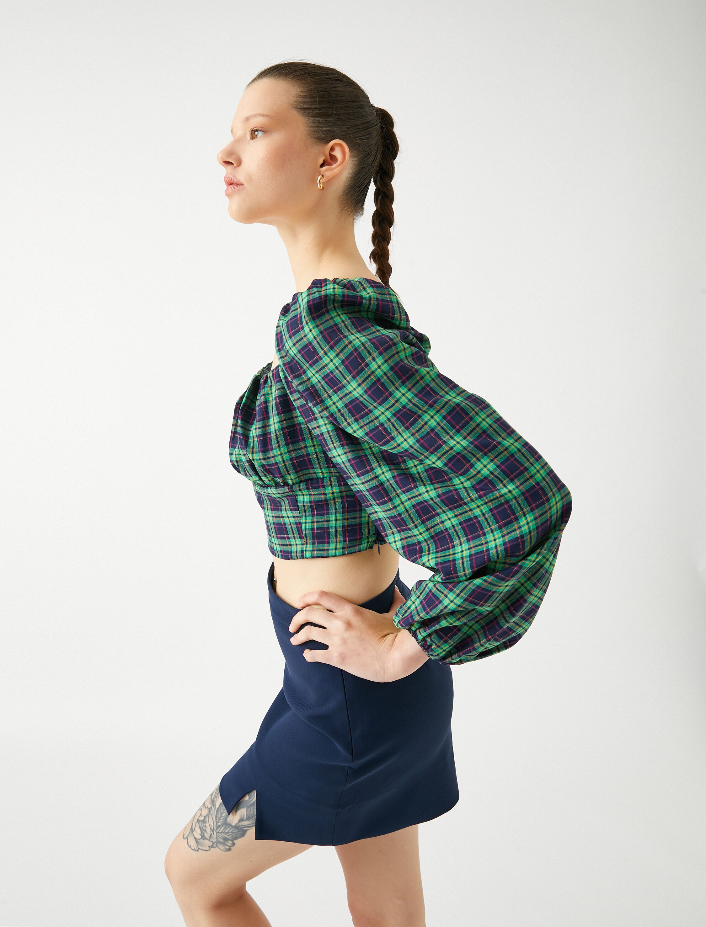 Yeşil Crop Bluz Balon Kollu Kare Yaka Drapeli Viskon Karışımlı ...