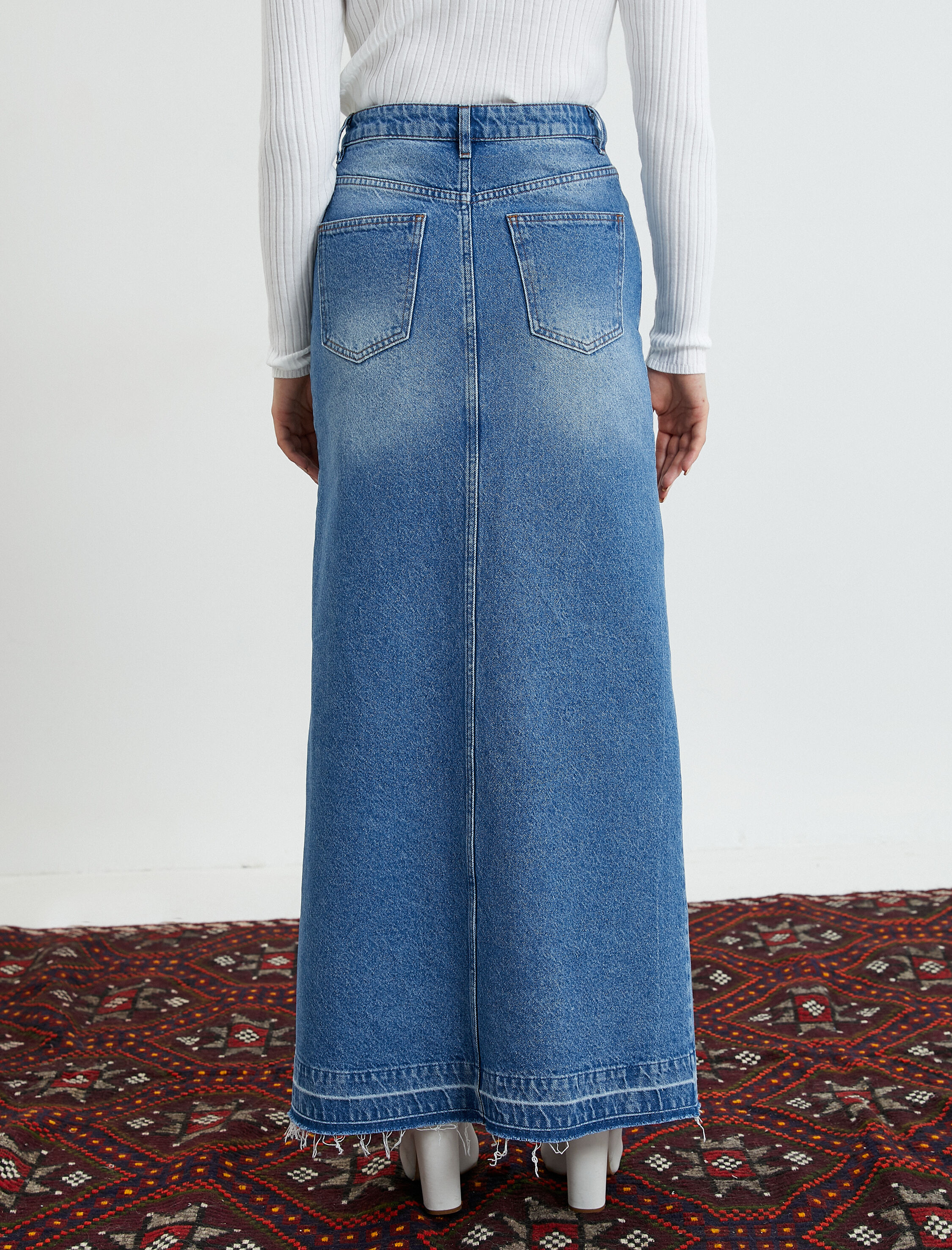 Lacivert Kadın Midi Kot Etek Yırtmaçlı Cep Detaylı 4WAL70029MD | Koton