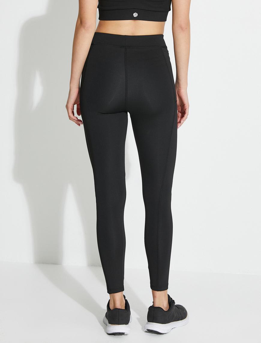 Siyah Kadın Tül Detaylı Spor Tayt Yüksek Bel Cepli Dikiş Detaylı Slim Fit 4WAK40307NK | Koton