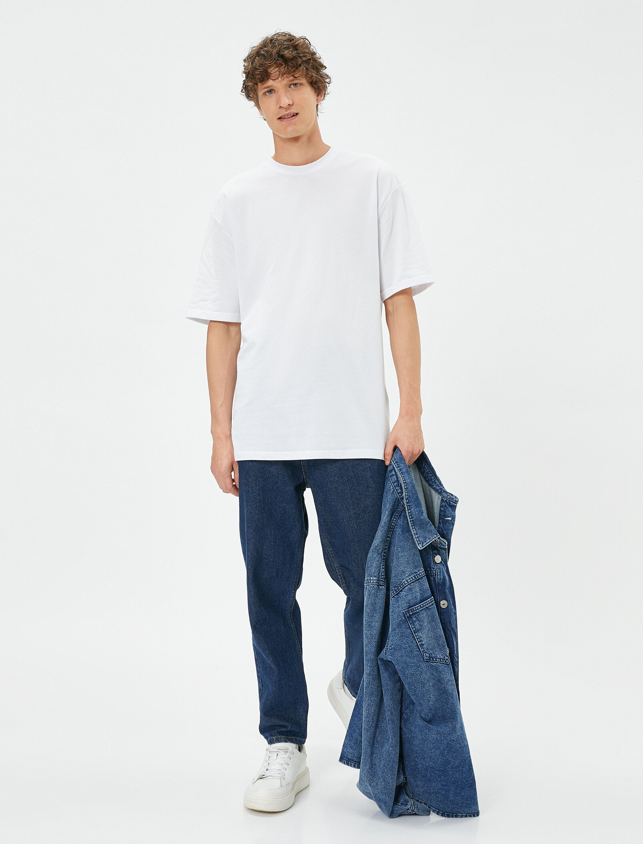 Ekru Erkek Basic Oversize Tişört Düşük Omuzlu Bisiklet Yaka Kısa Kollu Pamuklu 4WAM10065HK | Koton