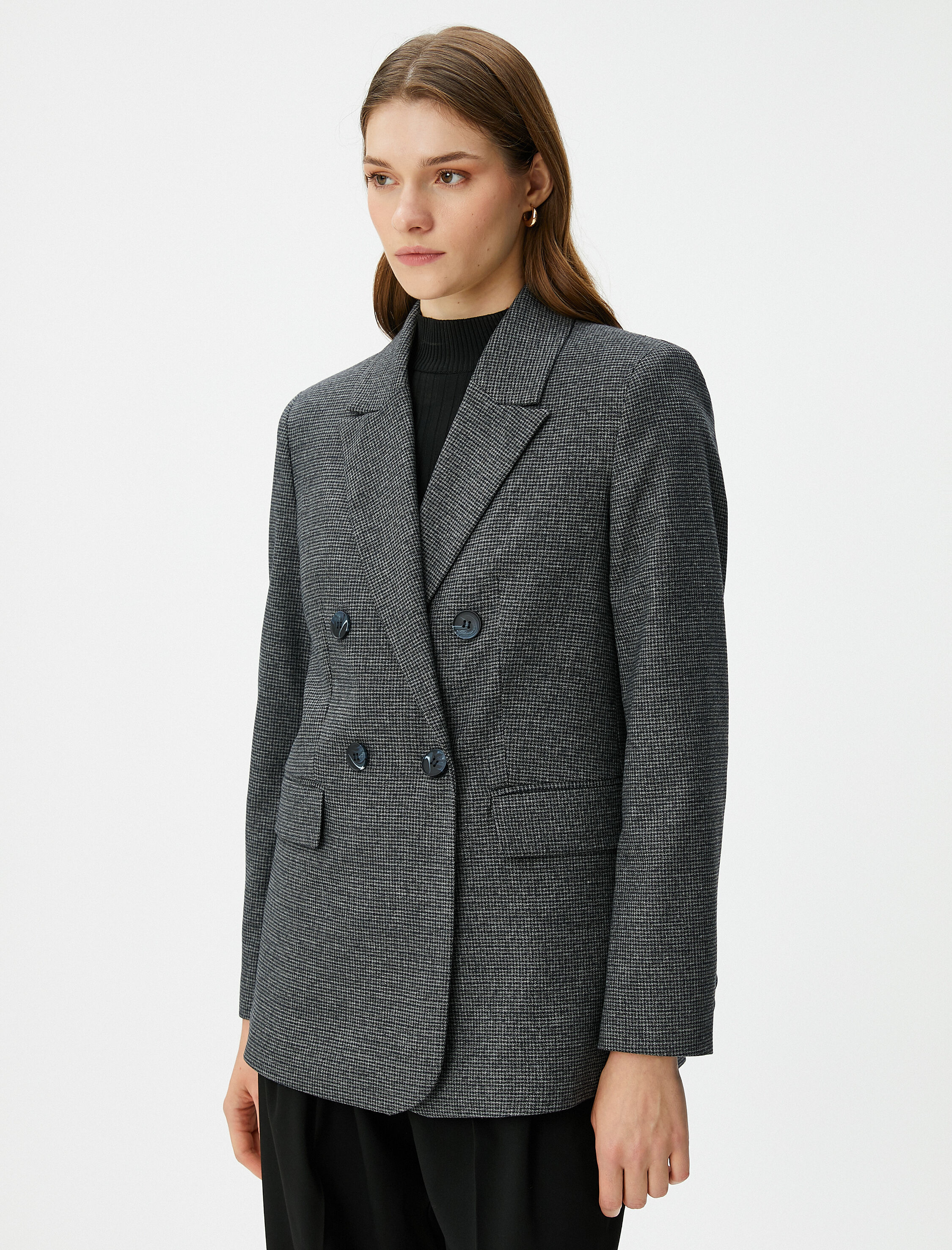 Siyah Kadın Oversize Blazer Ceket Kruvaze Düğmeli Kapaklı Cepli 4WAK50029EW | Koton