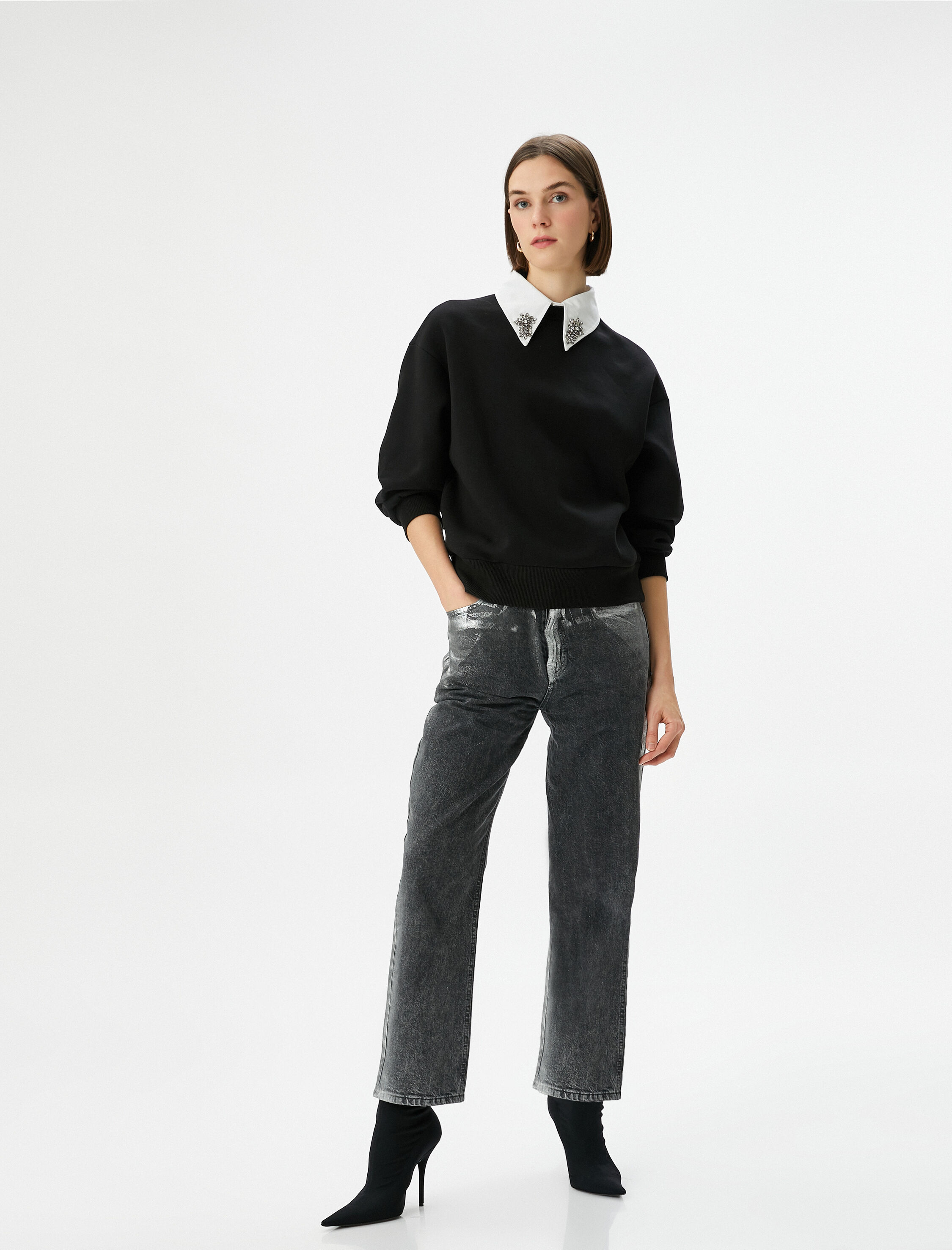 Siyah Kadın Uzun Kollu Sweatshirt 2KAK13049EK | Koton