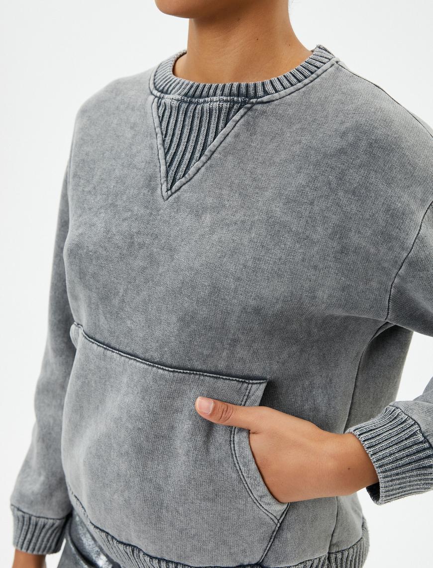 Gri Soluk Efektli Sweatshirt Kanguru Cepli Rahat Kalıp Pamuklu Nervür ...