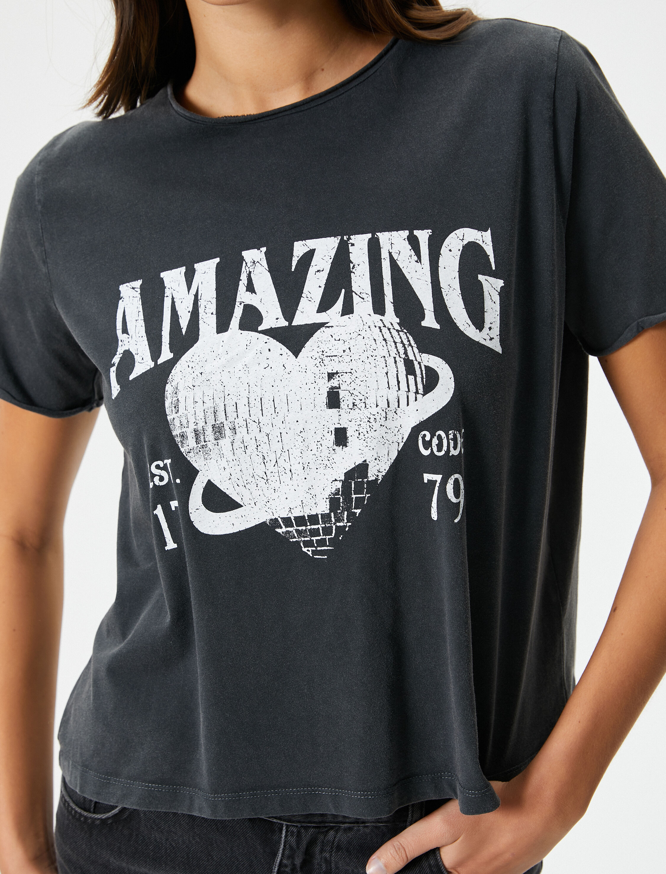 Siyah Kadın Baskılı Tişört Bisiklet Yaka Kısa Kollu Pamuklu Soluk ...