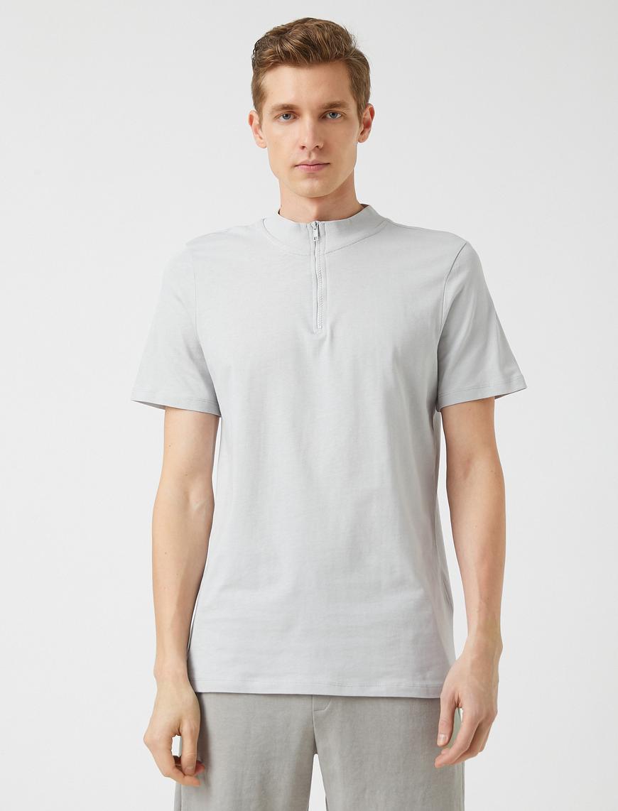 Gri Erkek Hakim Yaka Tişört Yarım Fermuarlı Kısa Kollu 2SAM10349MK | Koton