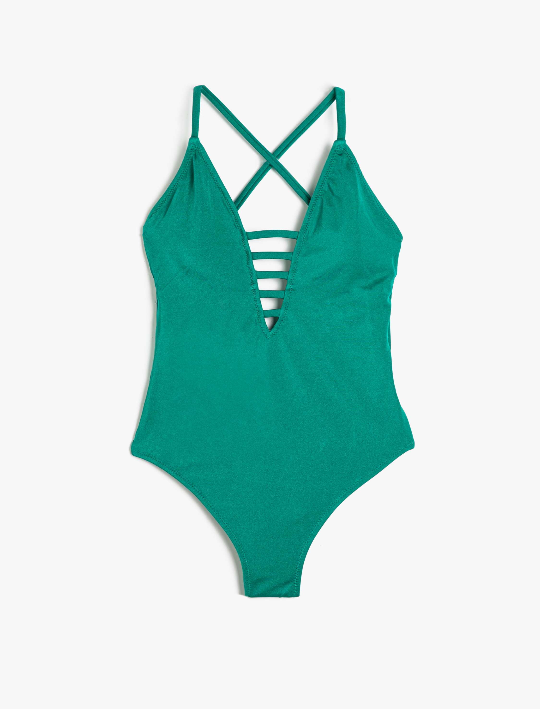 Yeşil Kadın Askılı Mayo Derin V Yaka İnce Askılı Biye Detaylı ...