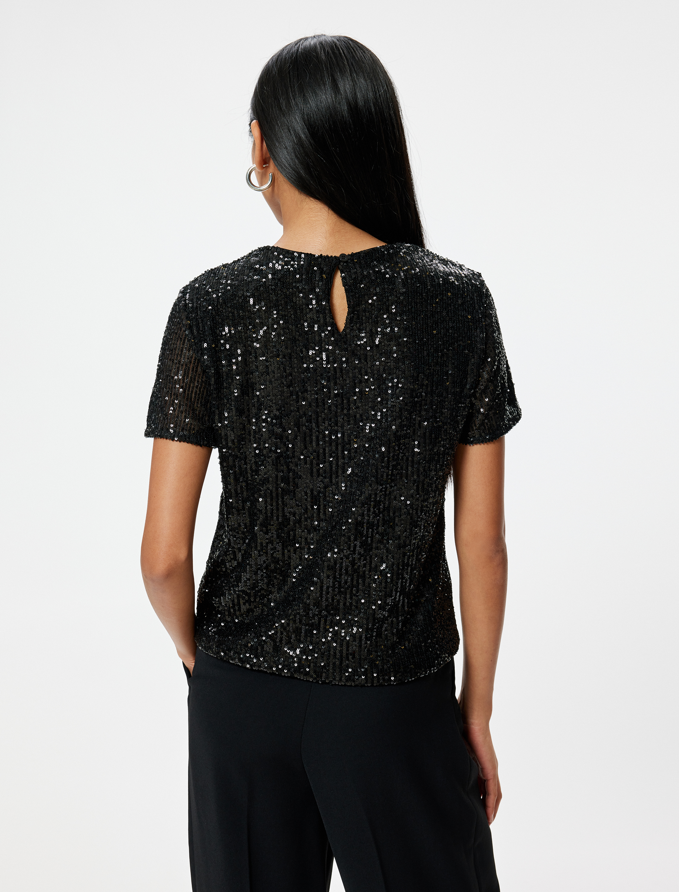 Siyah Kadın Abiye Bluz Pullu Payetli Kısa Kollu Bisiklet Yaka ...