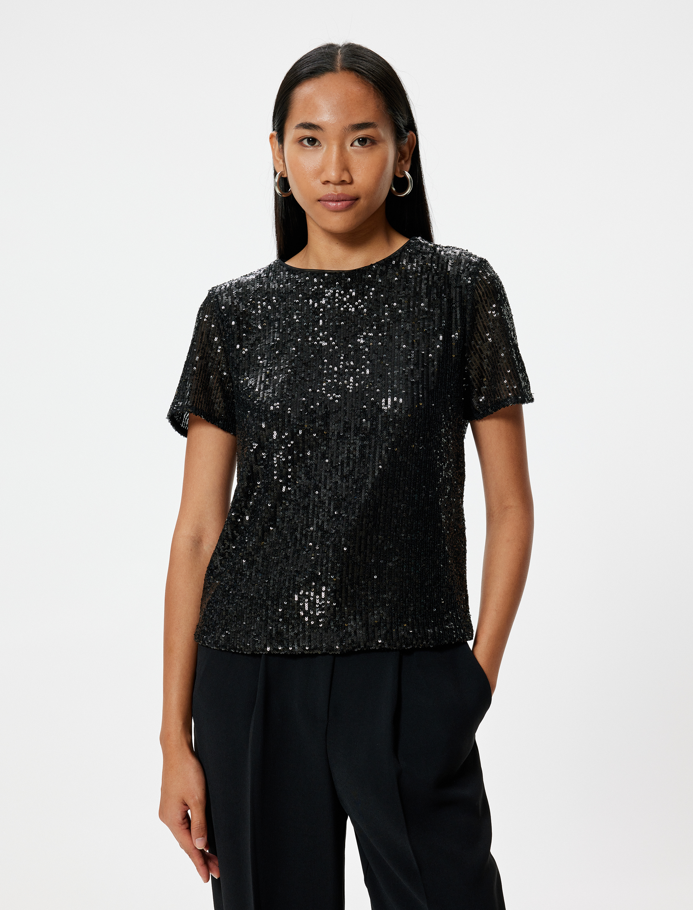 Siyah Kadın Abiye Bluz Pullu Payetli Kısa Kollu Bisiklet Yaka ...