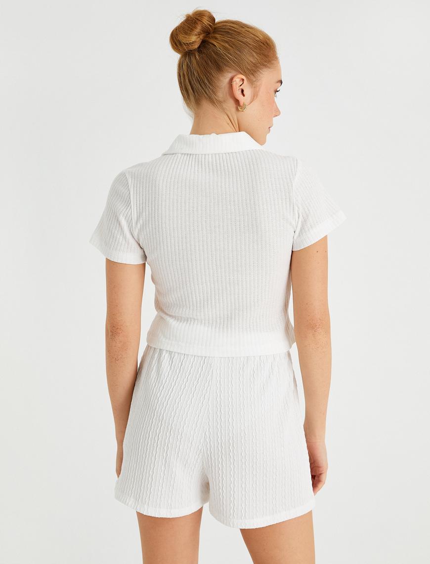 Beyaz Kadın Crop Triko Tişört Düğmeli Polo Yaka 2SAK50104EK | Koton