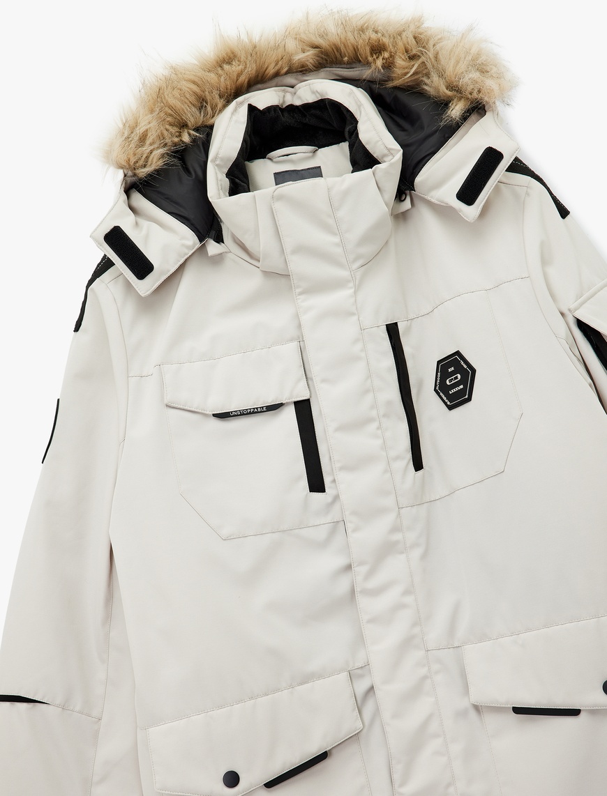 Ekru Erkek Uzun Kollu Cep Detaylı Suni Kürklü Kapşonlu Kışlık Parka ...