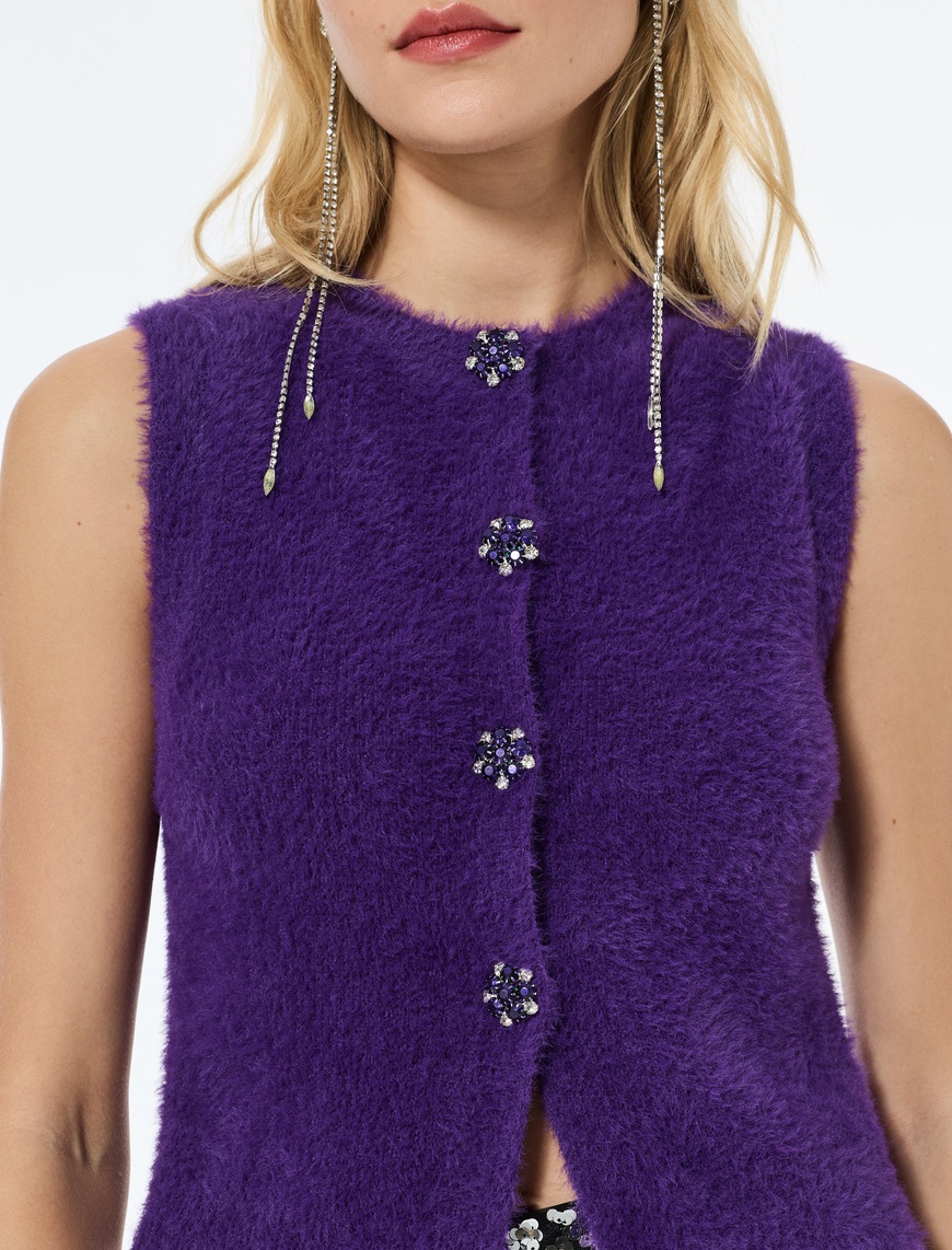 Mor Kadın Bisiklet Yaka Çiçek Taş Detaylı Düğmeli Peluş Yelek ...