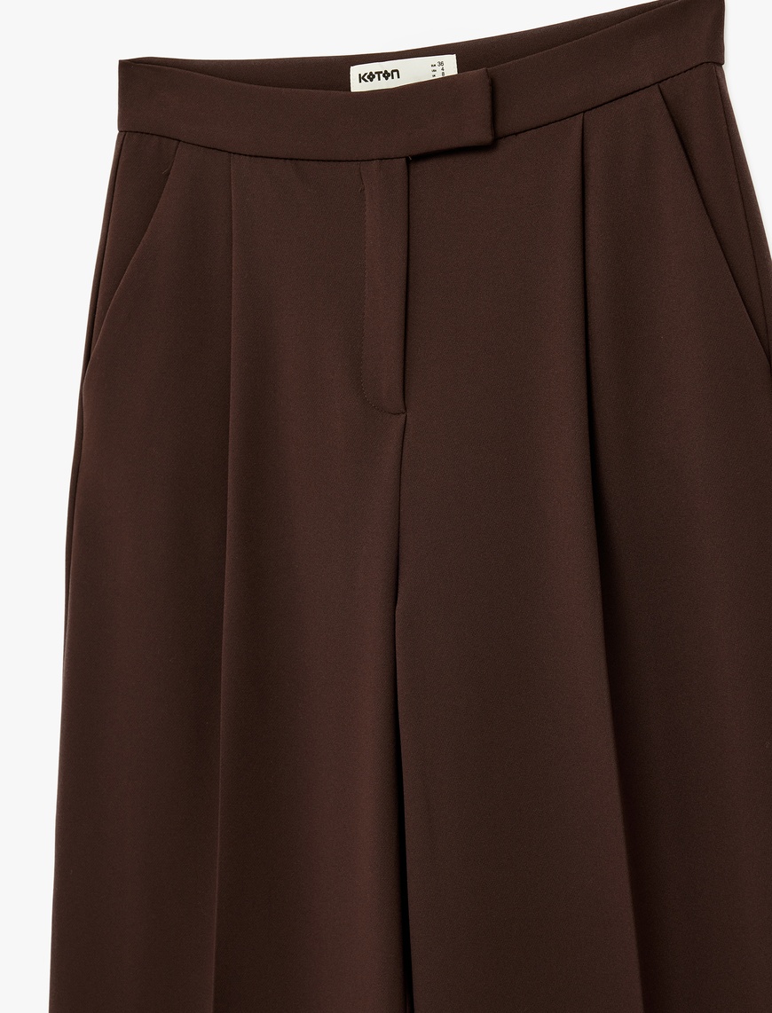 Kahve Kadın Cepli Pile Detaylı Düz Geniş Paça Palazzo Pantolon ...