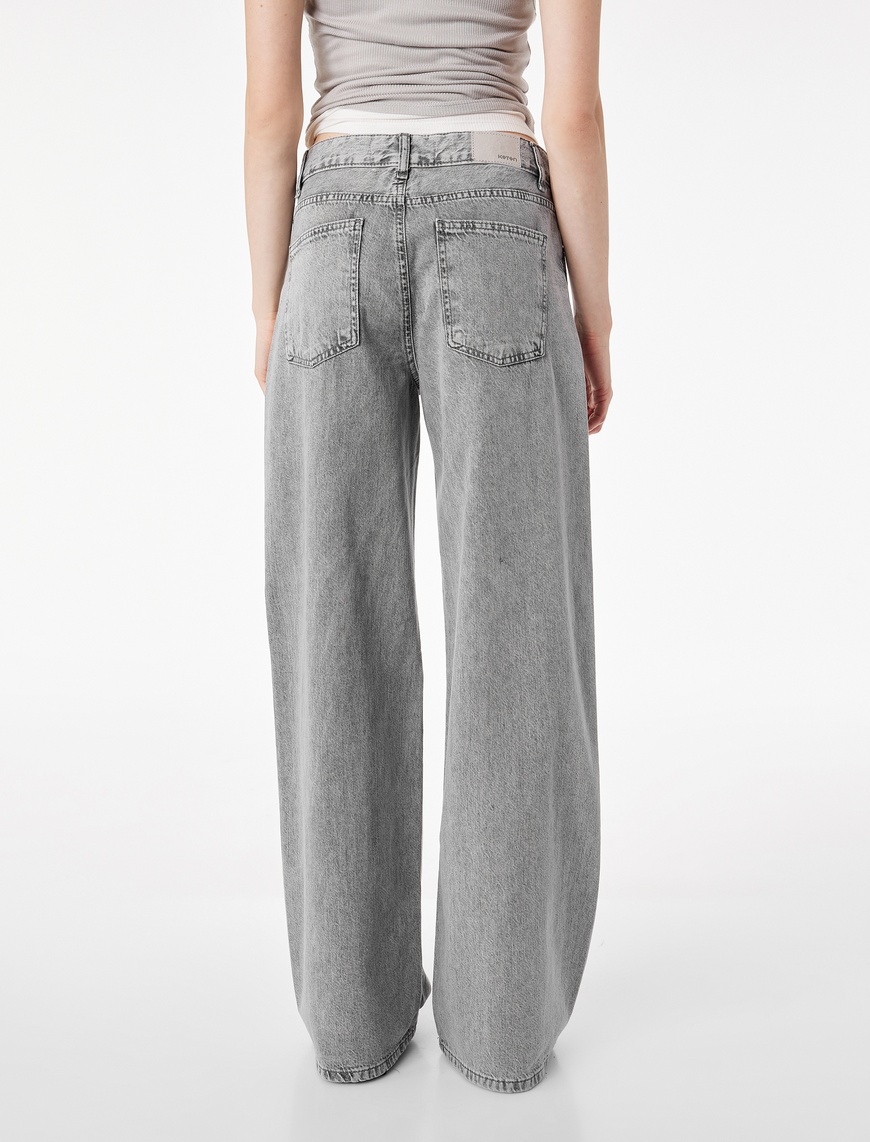 Gri Kadın Bol Kalıp Geniş Paça Düğmeli Cepli Yıkamalı Denim Pantolon ...